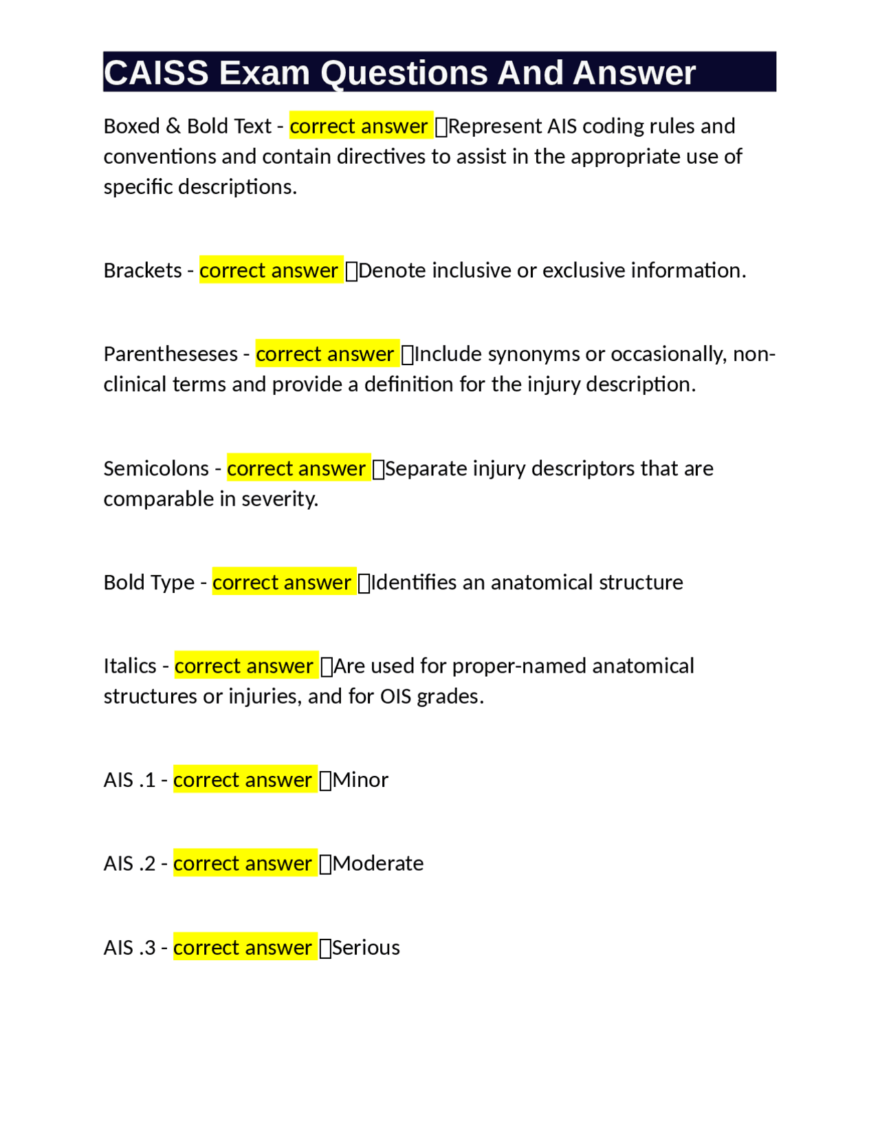 CAISS Exam Questions And Answer | Exams Medicine | Docsity