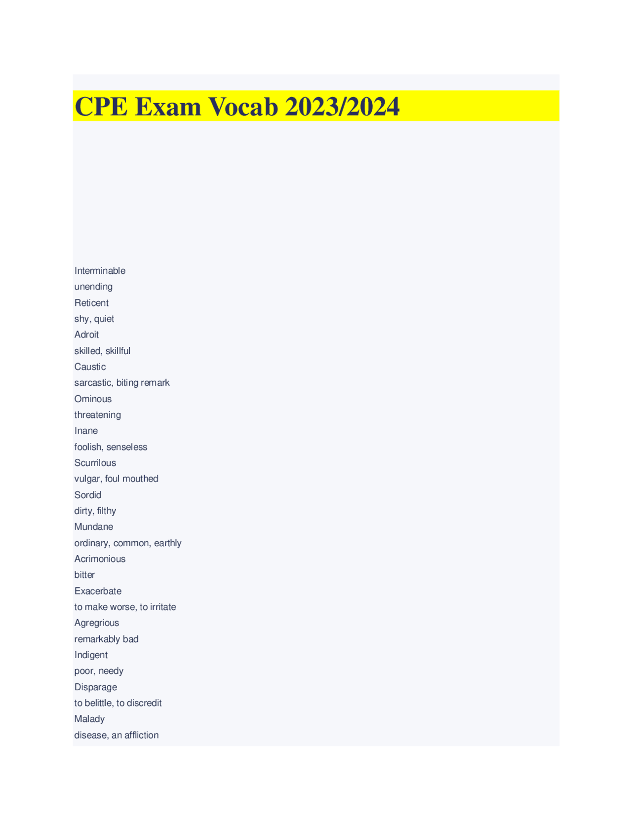 CPE Exam Vocabulary 2023/2024 | Exams English Language | Docsity