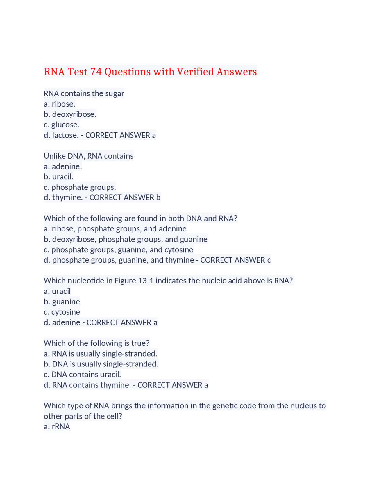 RNA Test 74 Questions with Verified Answers,100% CORRECT | Exams ...