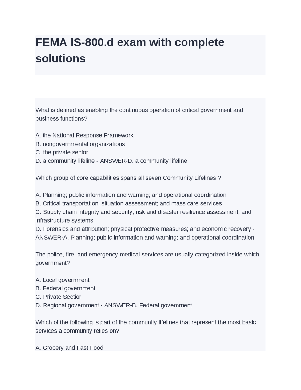 FEMA IS-800.d exam with complete solutions. | Exams Sociology | Docsity