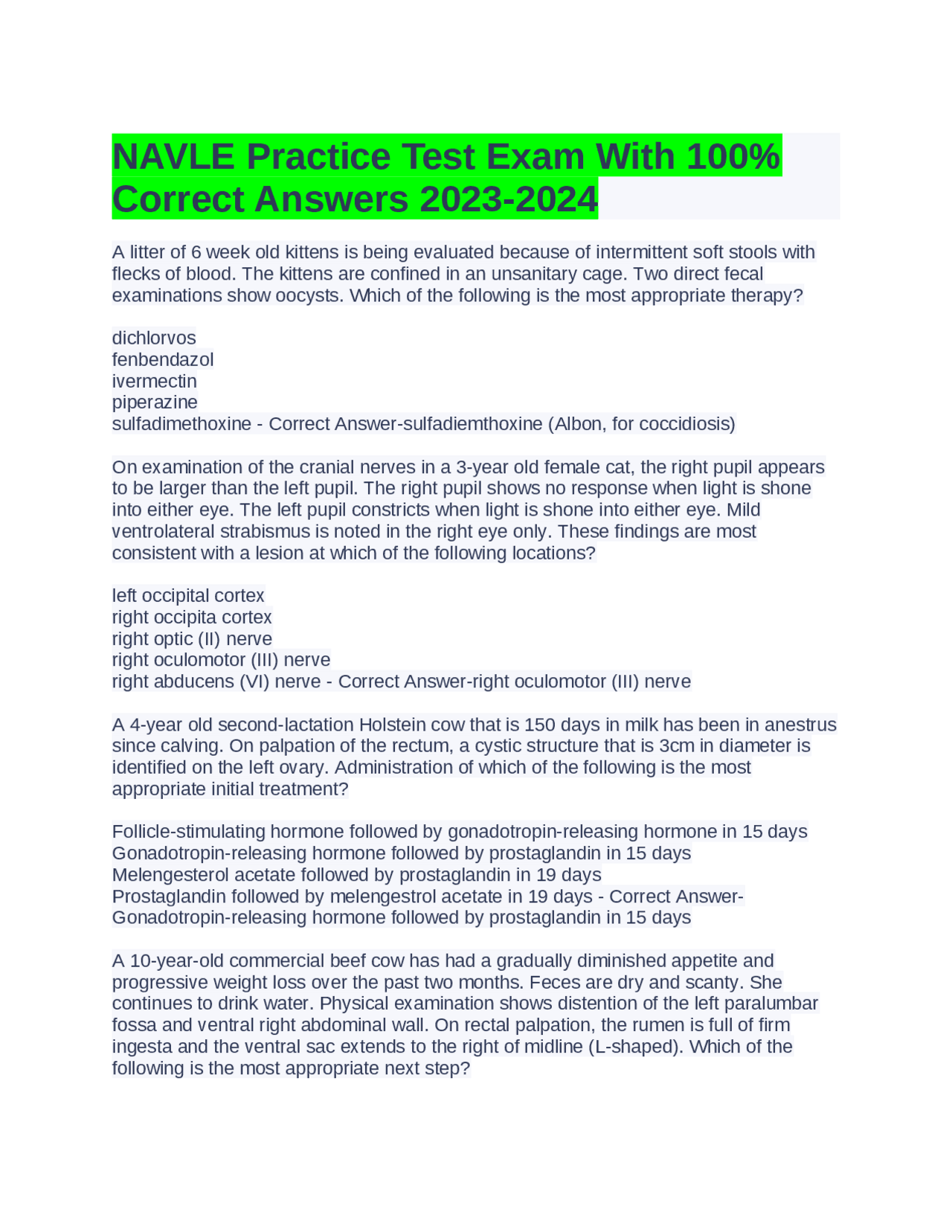 NAVLE Practice Test Exam With 100% Correct Answers 2023-2024 | Exams ...