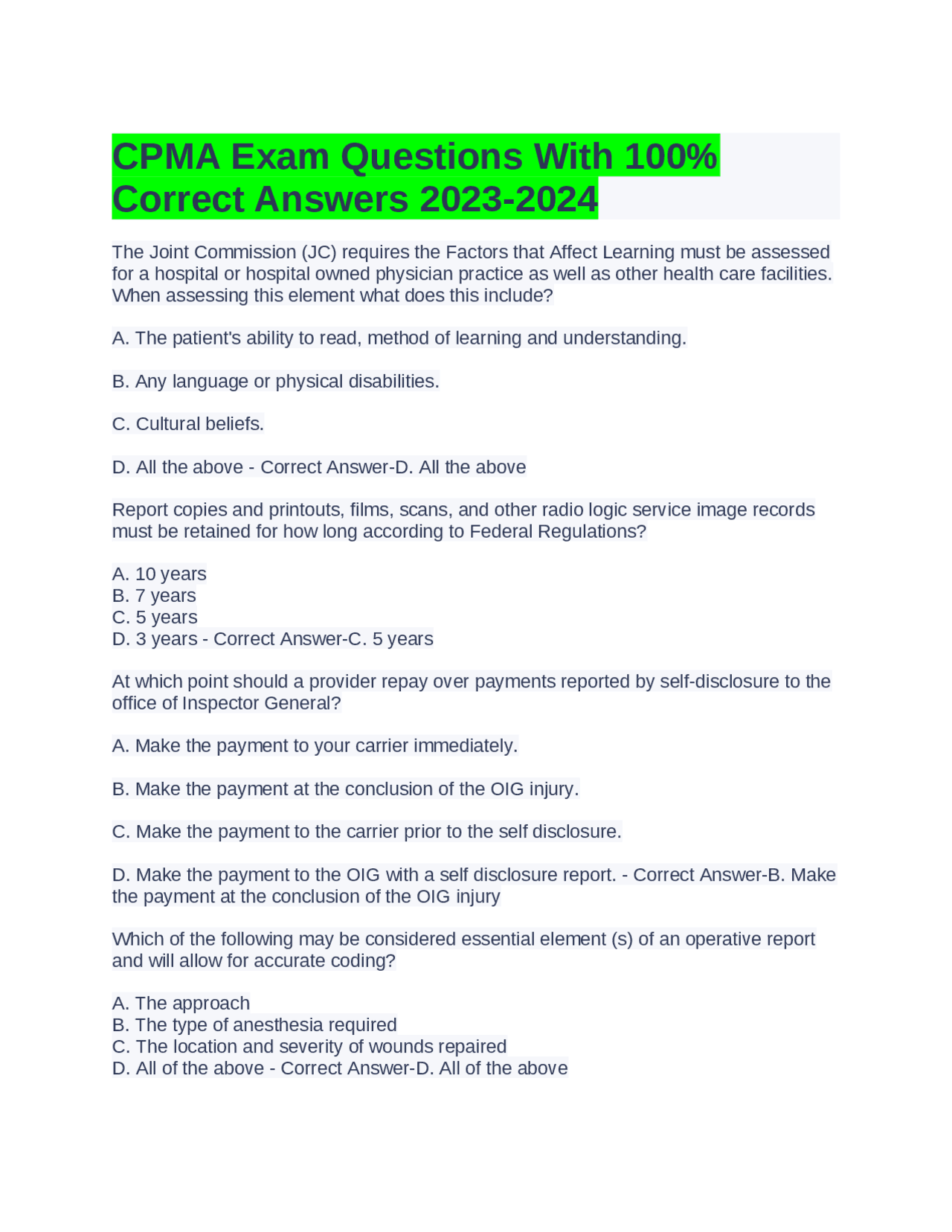 CPMA Exam Questions With 100% Correct Answers 2023-2024 | Exams ...
