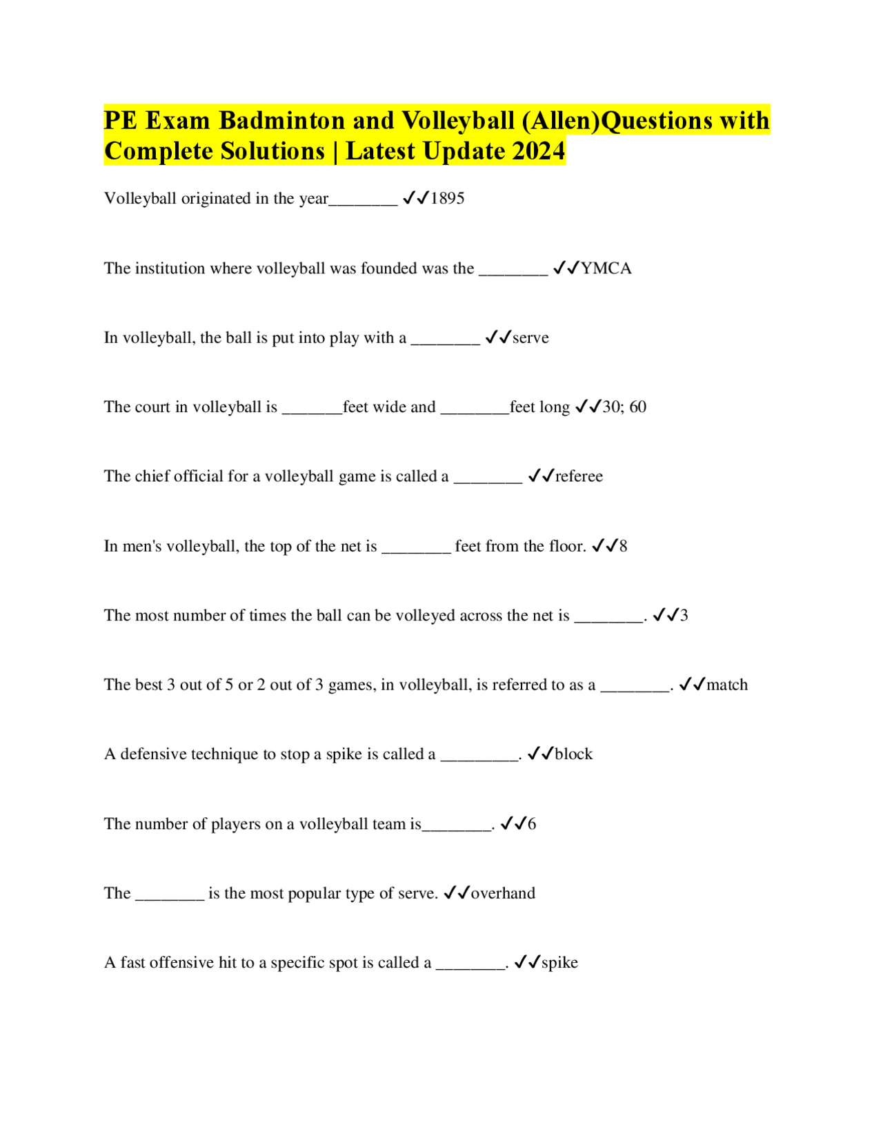 PE Exam Badminton and Volleyball | Exams Sport Studies | Docsity