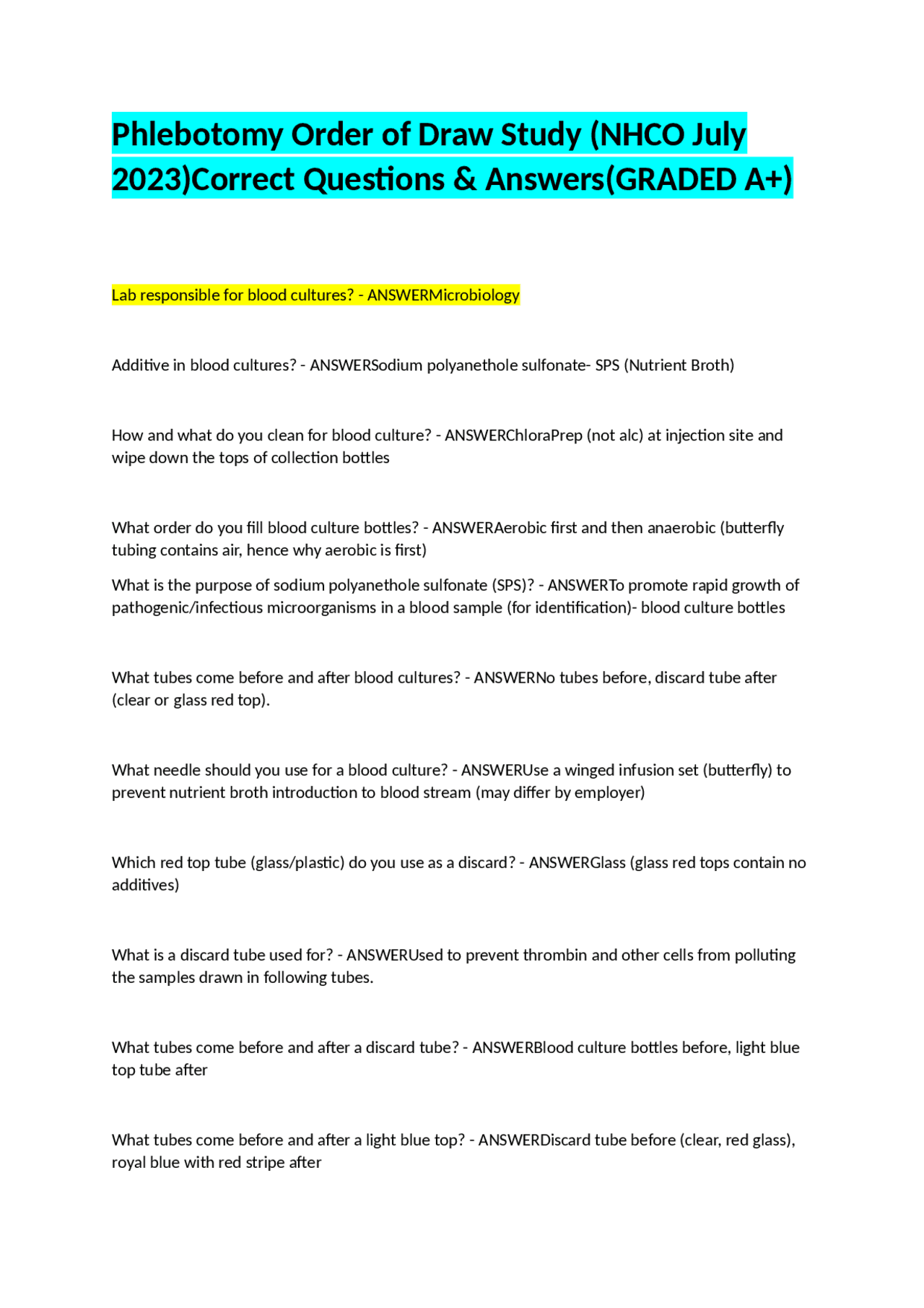 Phlebotomy Order of Draw Study (NHCO July 2023)Correct Questions ...