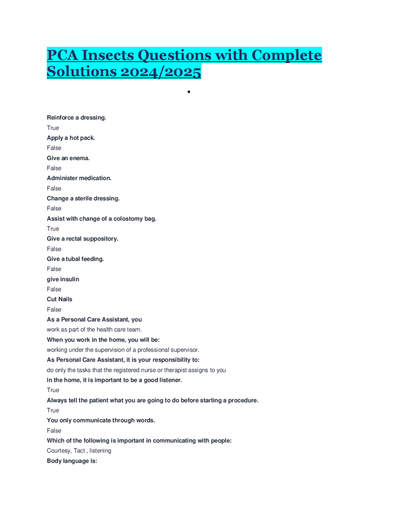 PCA Insects Questions with Complete Solutions 2024/2025 | Exams Nursing ...