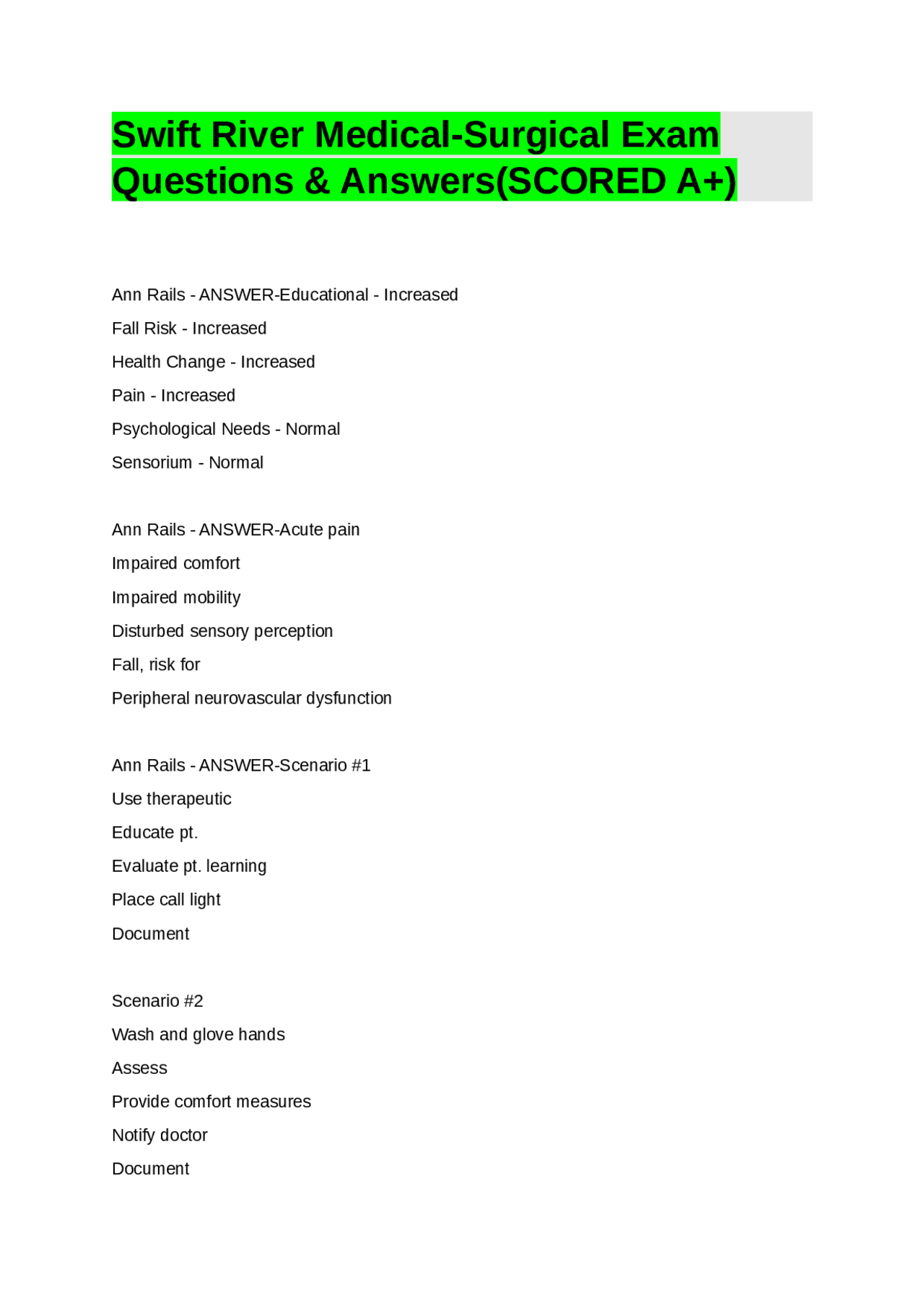 Swift River Medical-Surgical Exam Questions & Answers(SCORED A+ ...