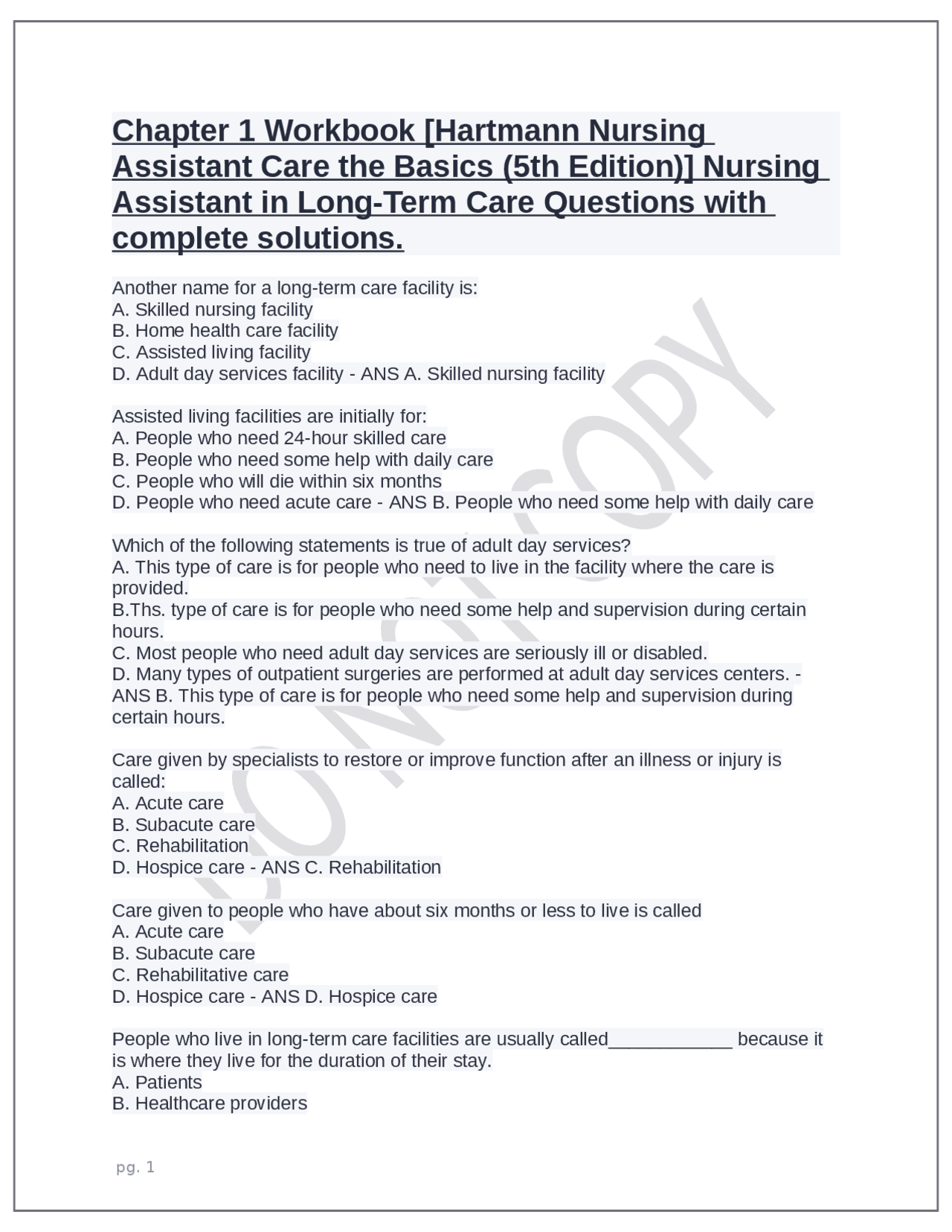 Chapter 1 Workbook [Hartmann Nursing Assistant Care The Basics (5th ...