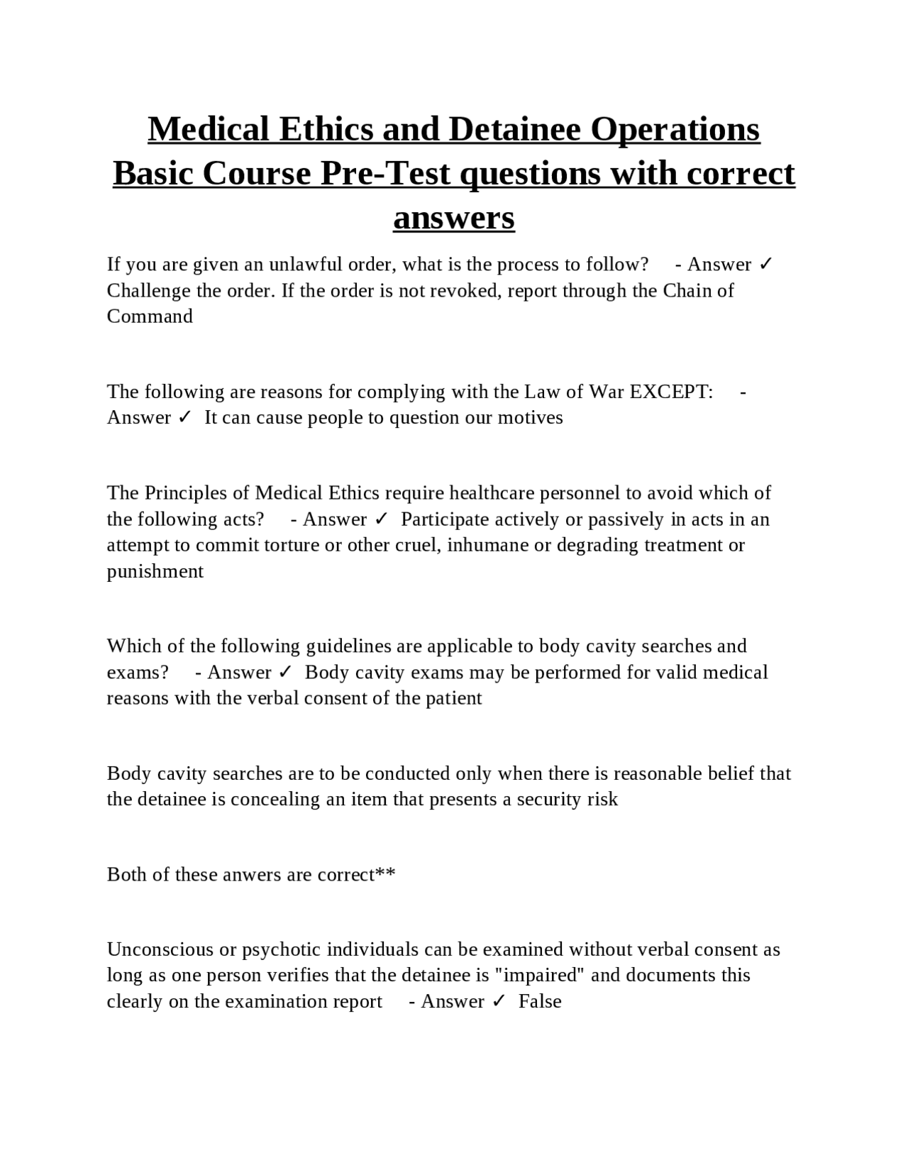Medical Ethics and Detainee Operations Basic Course Pre-Test questions ...
