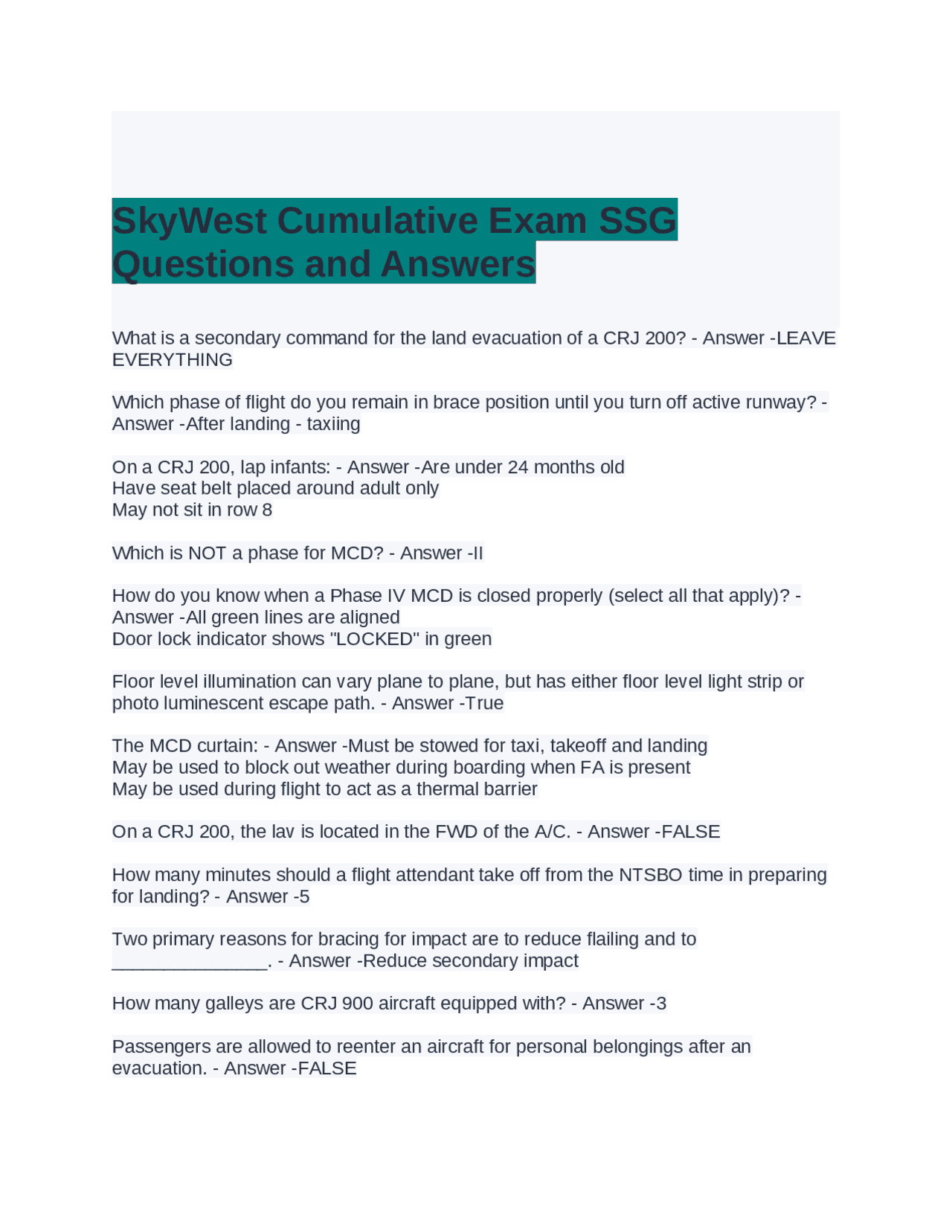 SkyWest Cumulative Exam SSG Questions and Answers | Exams Advanced ...