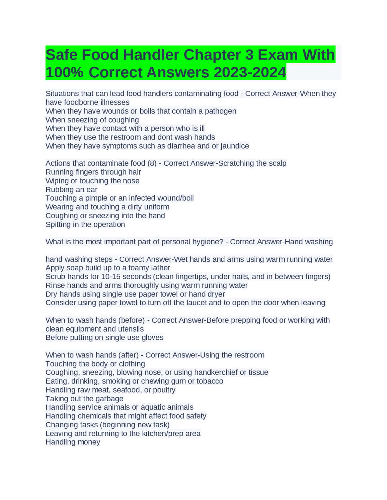 Safe Food Handler Chapter 3 Exam With 100% Correct Answers 2023-2024 ...