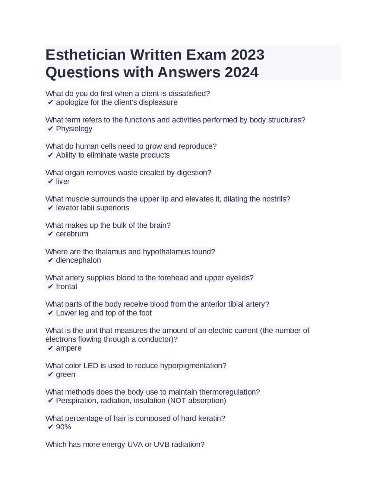 Esthetician Written Exam 2023 Questions with Answers 2024 | Exams ...