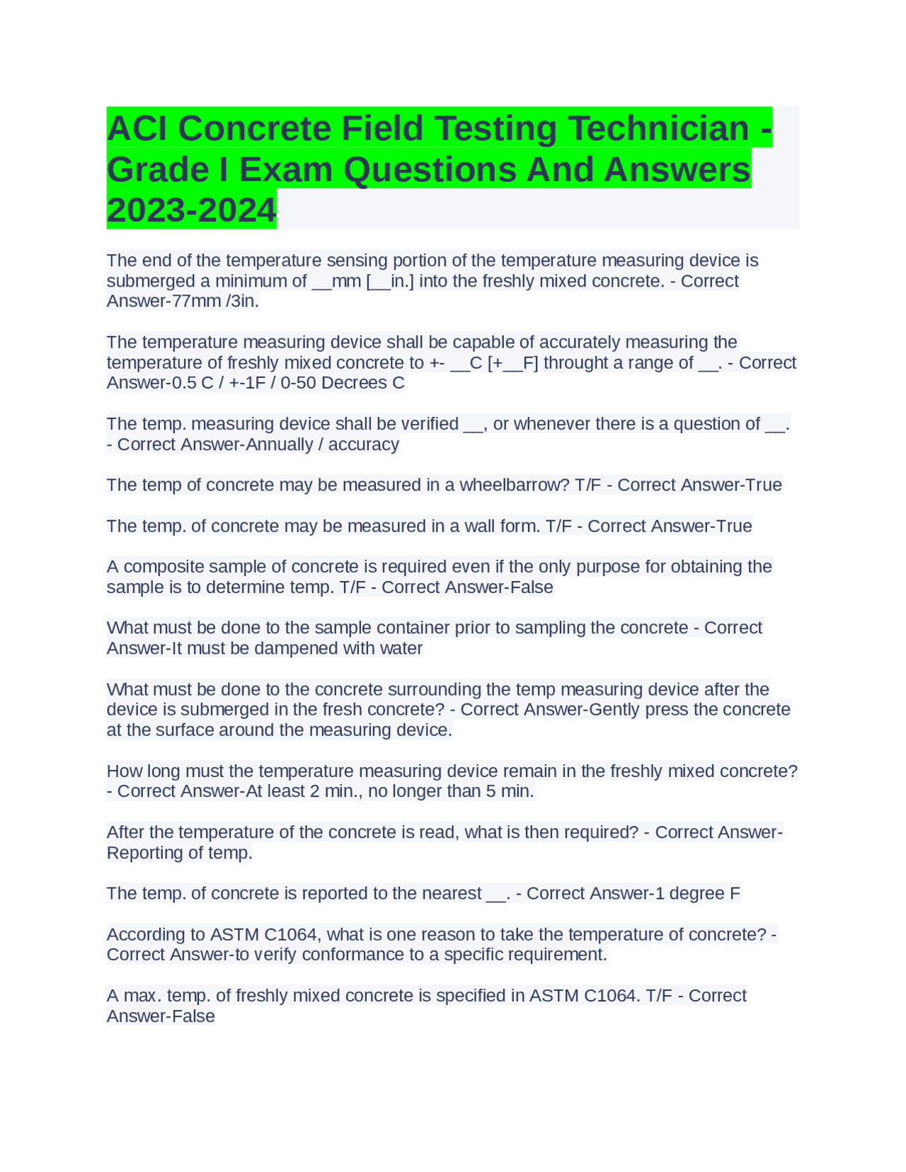 ACI Concrete Field Testing Technician - Grade I Exam Questions And ...