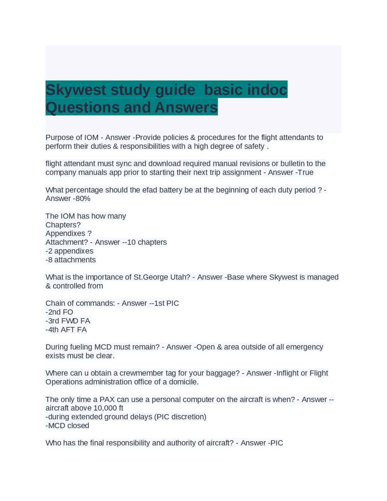 Skywest study guide basic indoc Questions and Answers | Exams Advanced ...