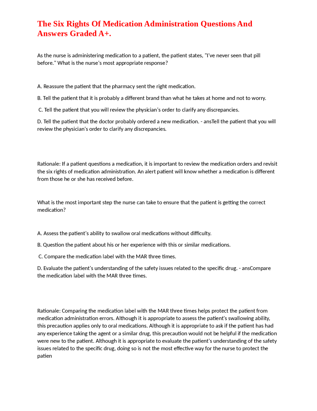 The Six Rights Of Medication Administration Questions And Answers ...