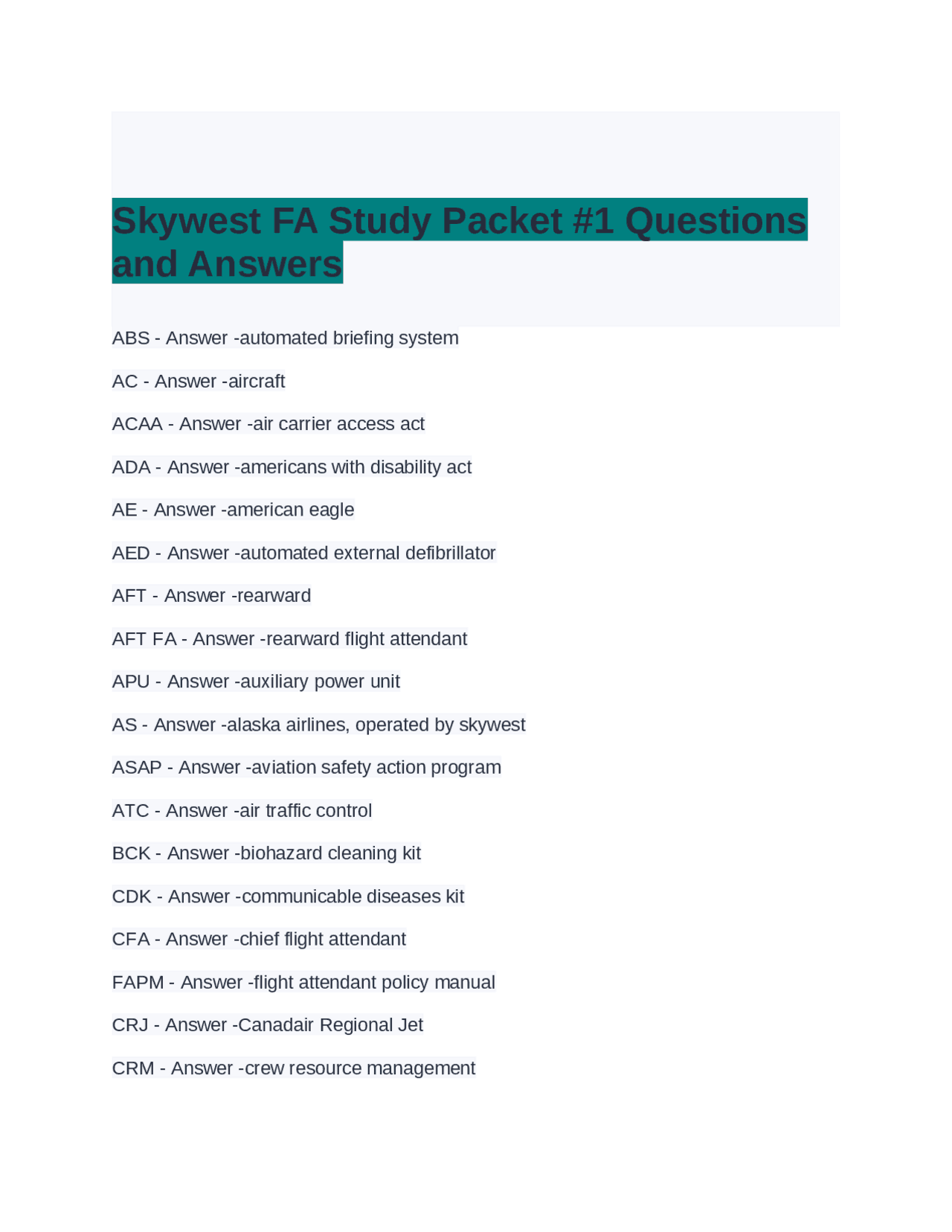 Skywest Flight Attendant Study Guide | Exams Advanced Education | Docsity