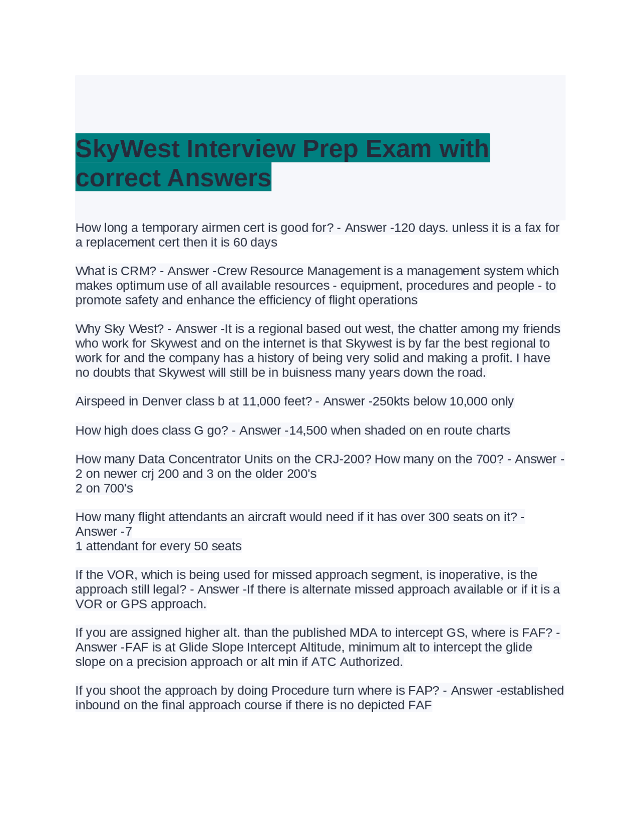 SkyWest Interview Prep Exam with correct Answers | Exams Advanced ...