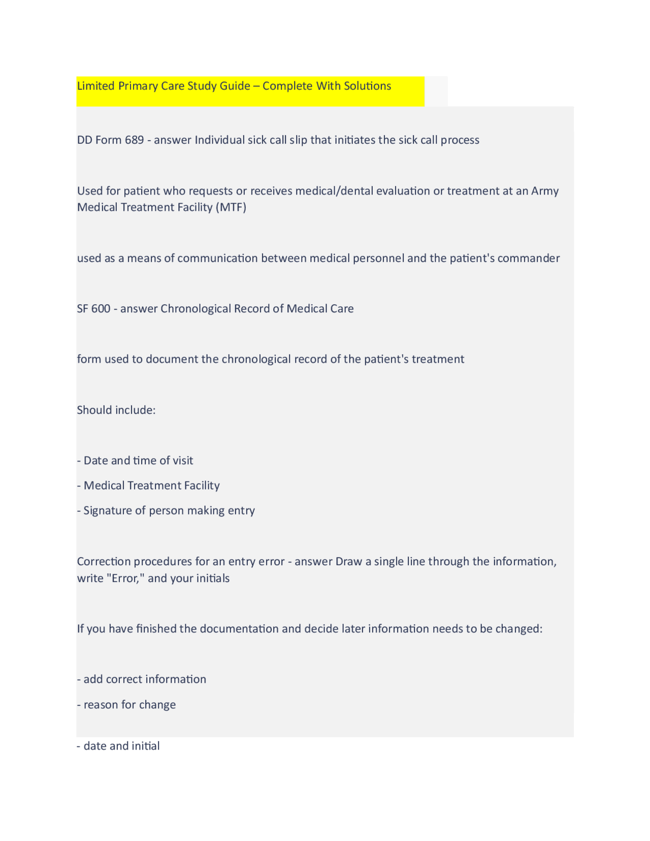 Limited Primary Care Study Guide | Exams Nursing | Docsity