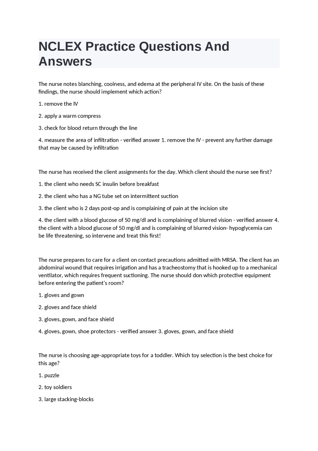 NCLEX Practice Questions And Answers | Exams Medicine | Docsity