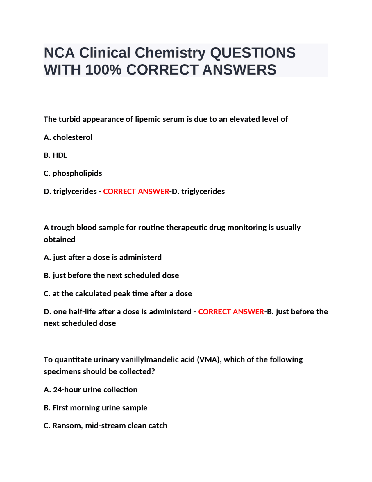 NCA Clinical Chemistry QUESTIONS WITH 100% CORRECT ANSWERS | Exams ...