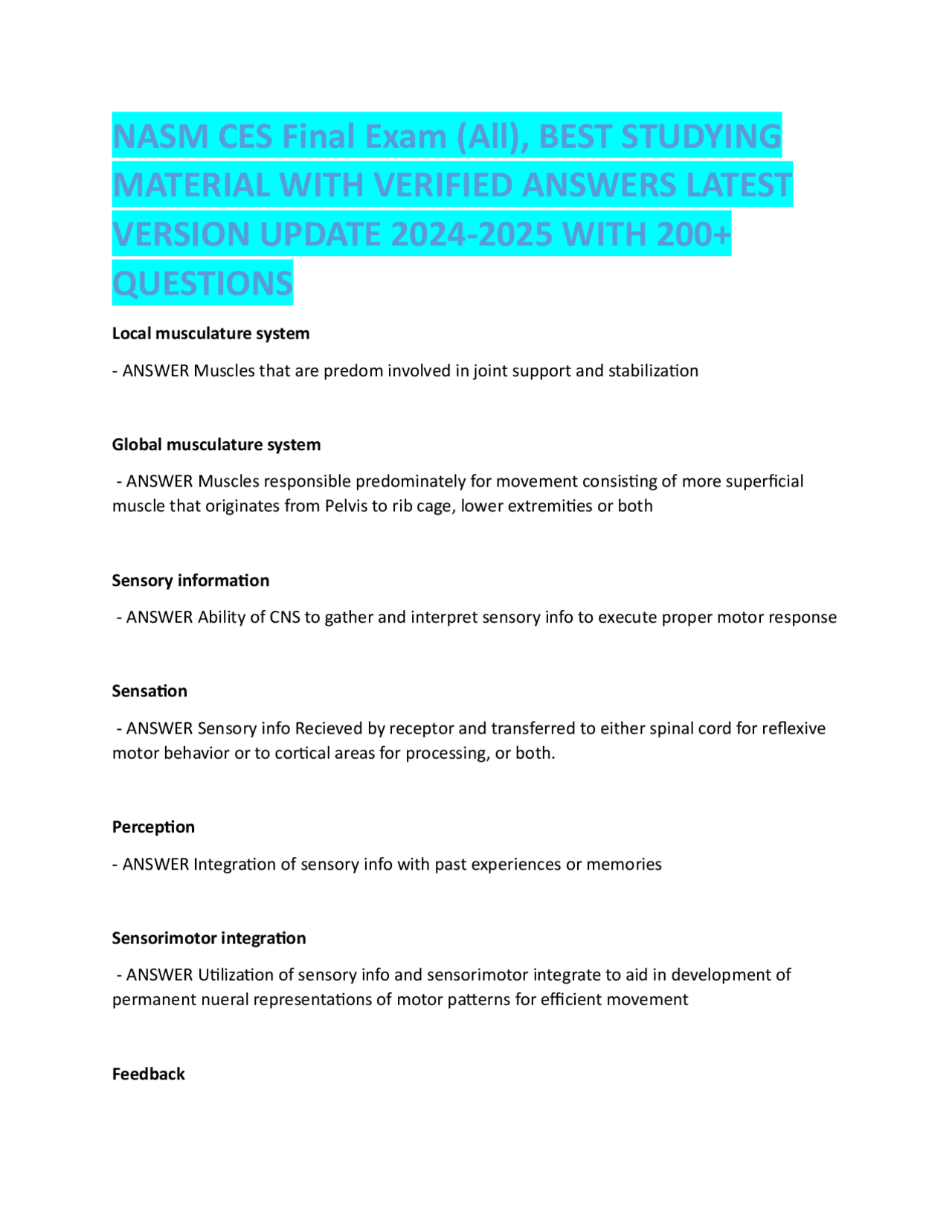 NASM CES Final Exam (All), BEST STUDYING MATERIAL WITH VERIFIED ANSWERS ...