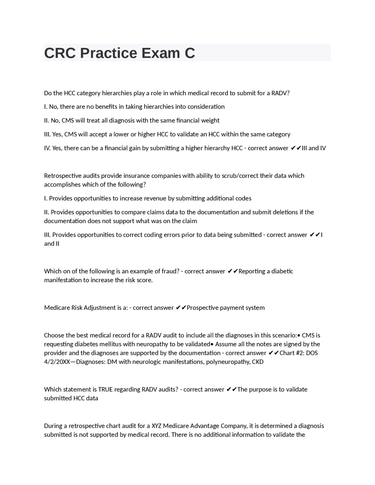 CRC Practice Exam C questions with complete solutions | Exams Nursing ...