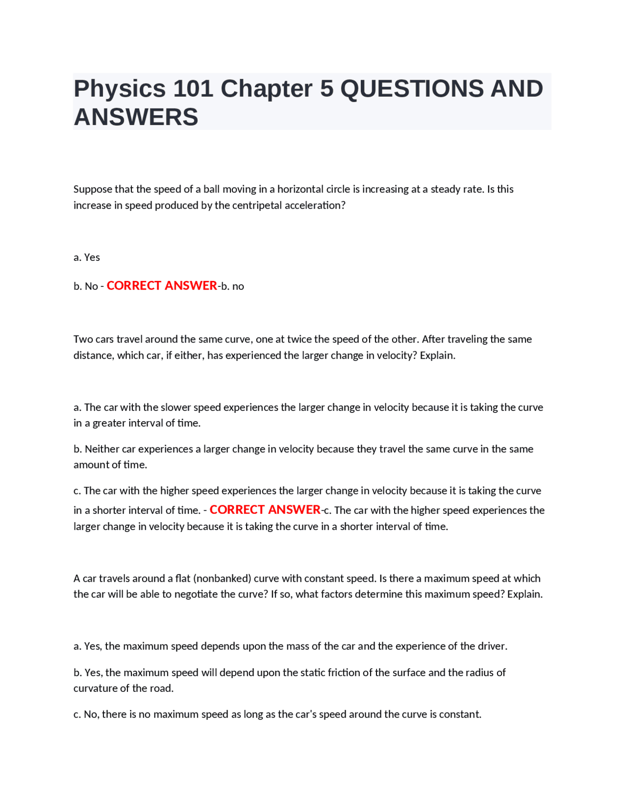 Physics 101 Chapter 5 Questions and Answers | Exams Nursing | Docsity