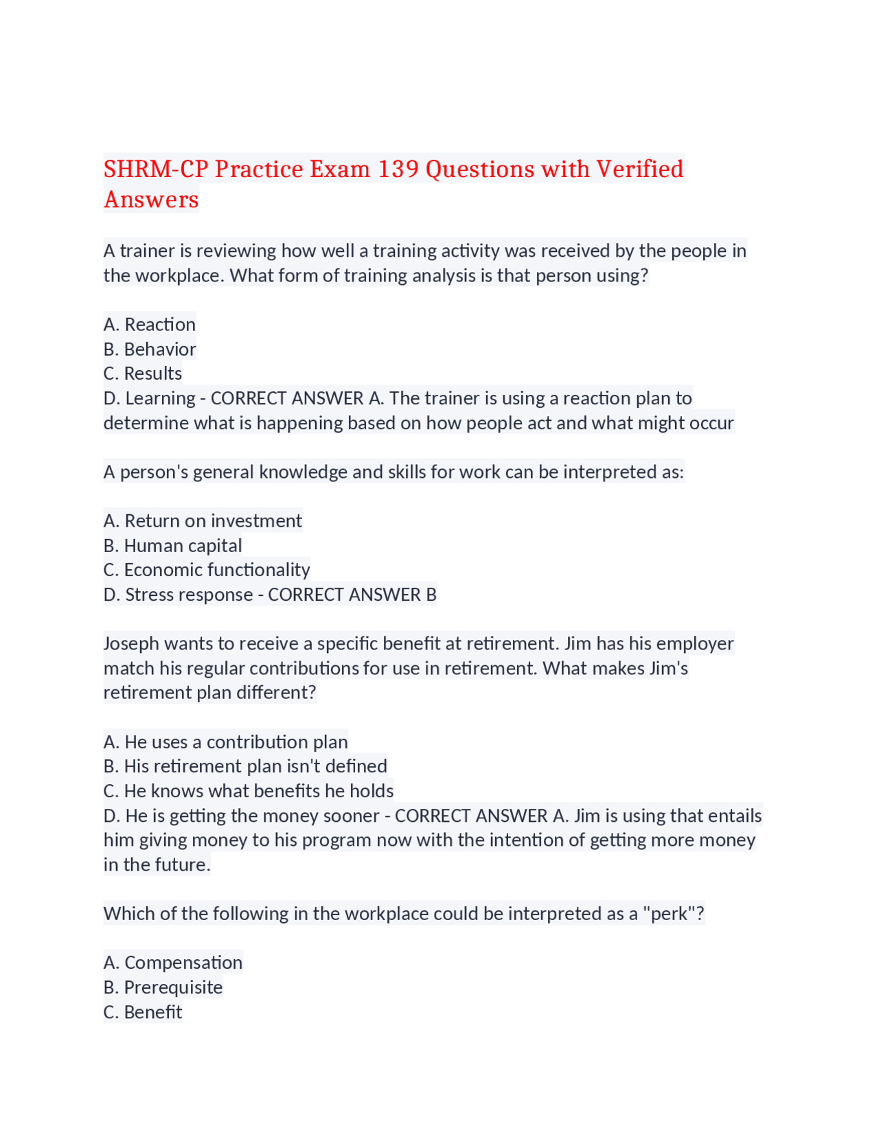 SHRM-CP Practice Exam 139 Questions with Verified Answers,100% CORRECT ...