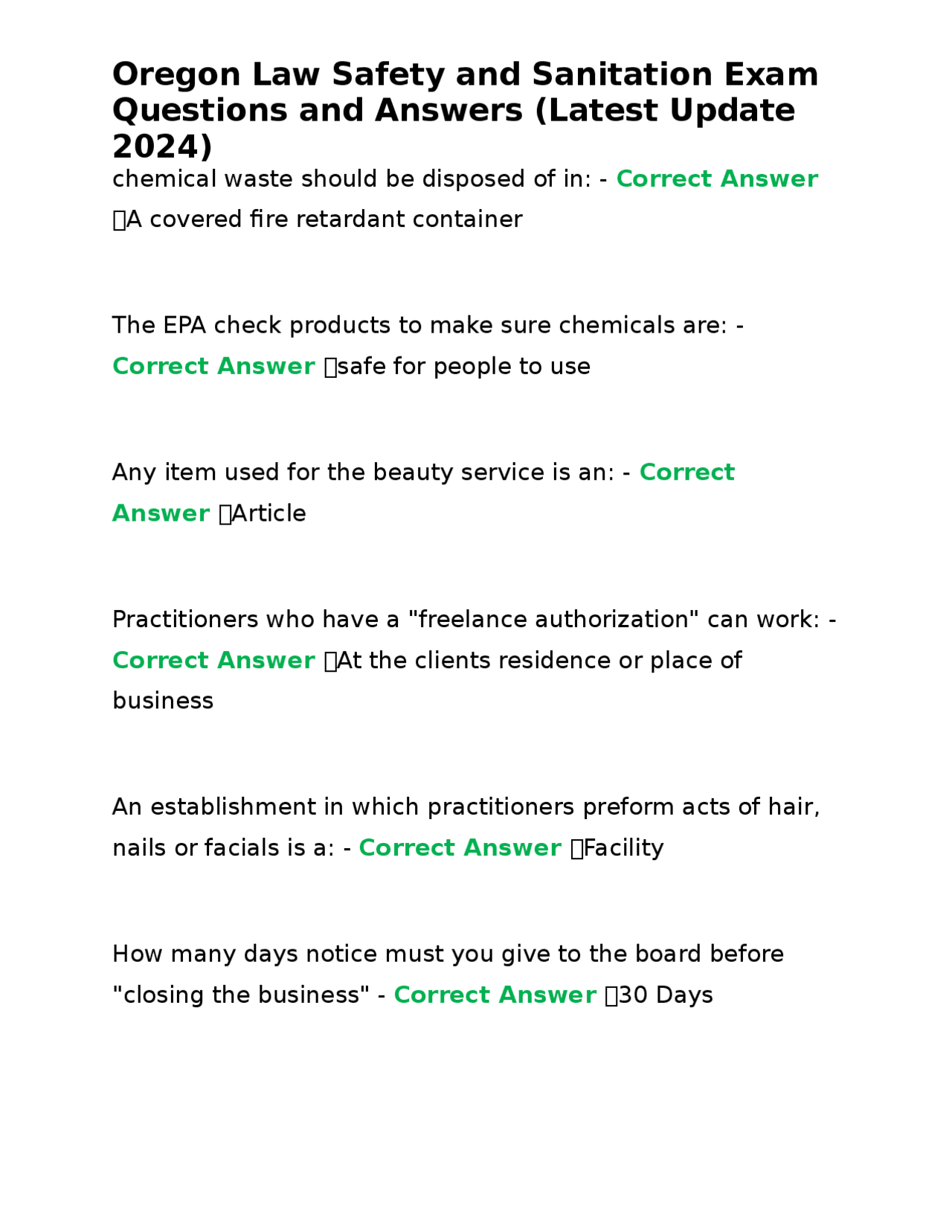 Oregon Law Safety and Sanitation Exam Questions and Answers | Exams ...