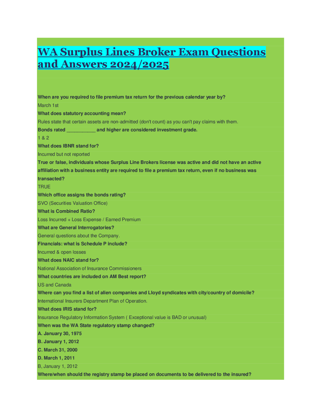 WA Surplus Lines Broker Exam Questions and Answers 2024/2025 | Exams Insurance law | Docsity