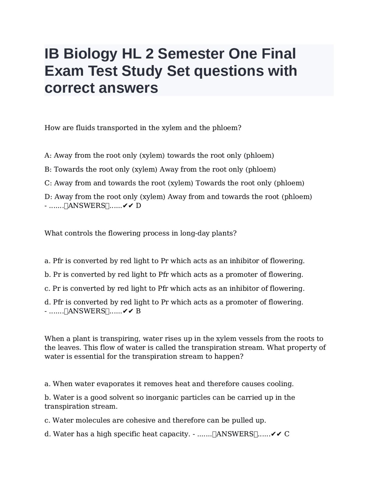 IB Biology HL 2 Semester One Final Exam Test Study Set questions with ...