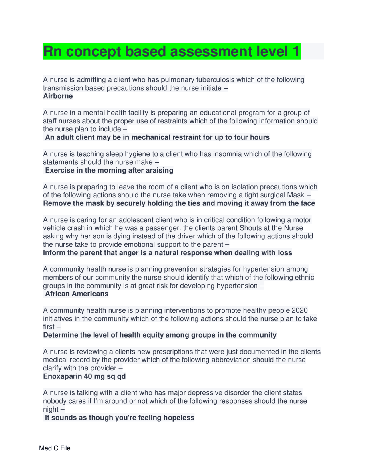 Rn concept based assessment level 1 | Exams Nursing | Docsity