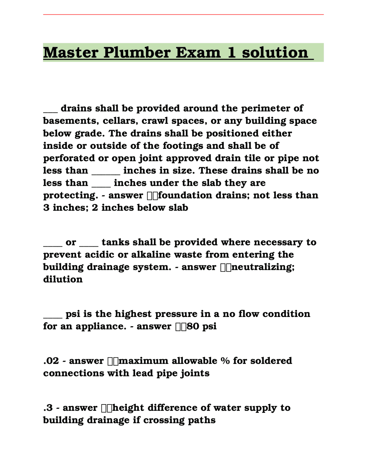 Master Plumber Exam 1 solution | Exams Nursing | Docsity