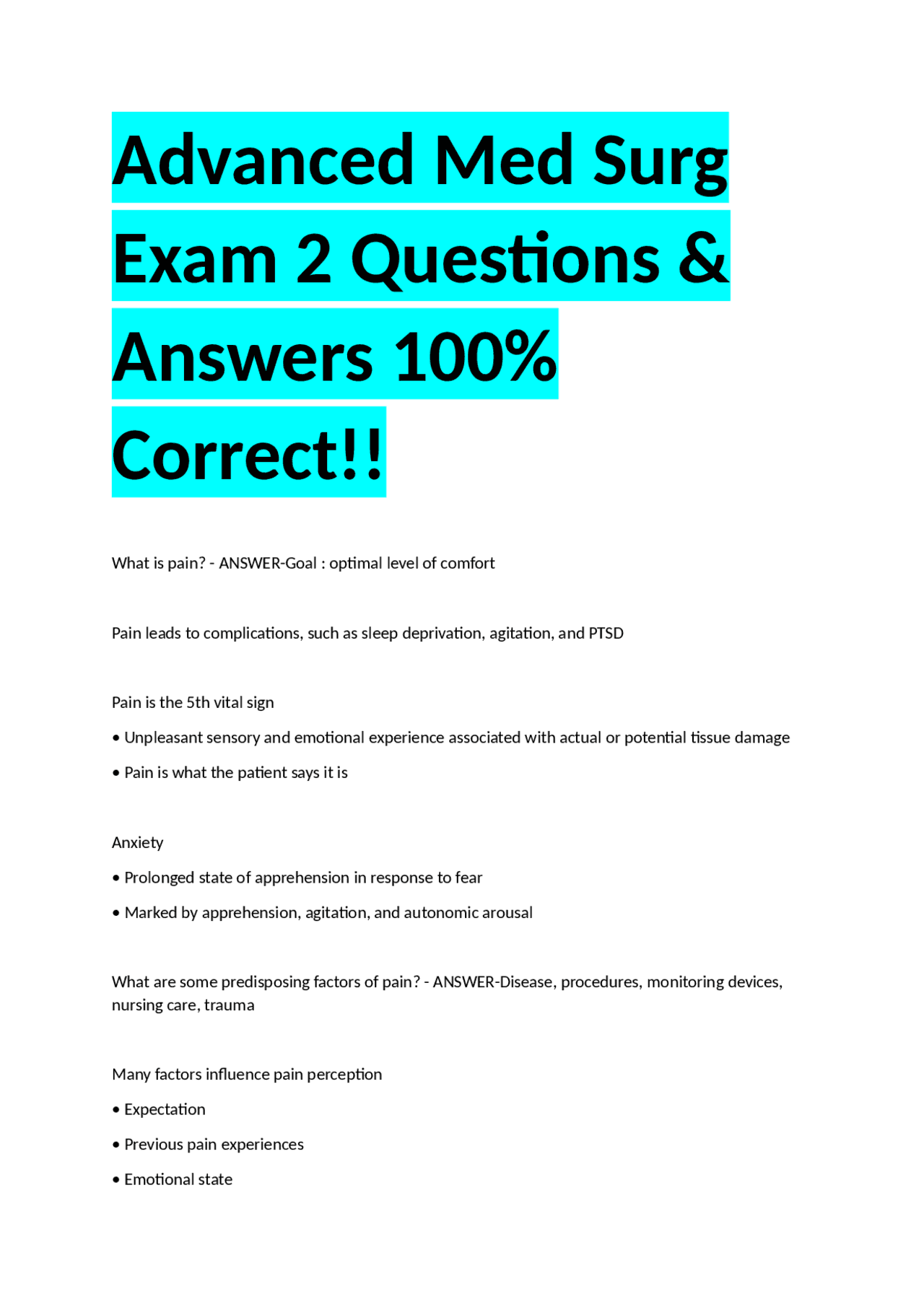 Advanced Med Surg Exam 2 Questions & Answers 100% Correct!! | Exams ...