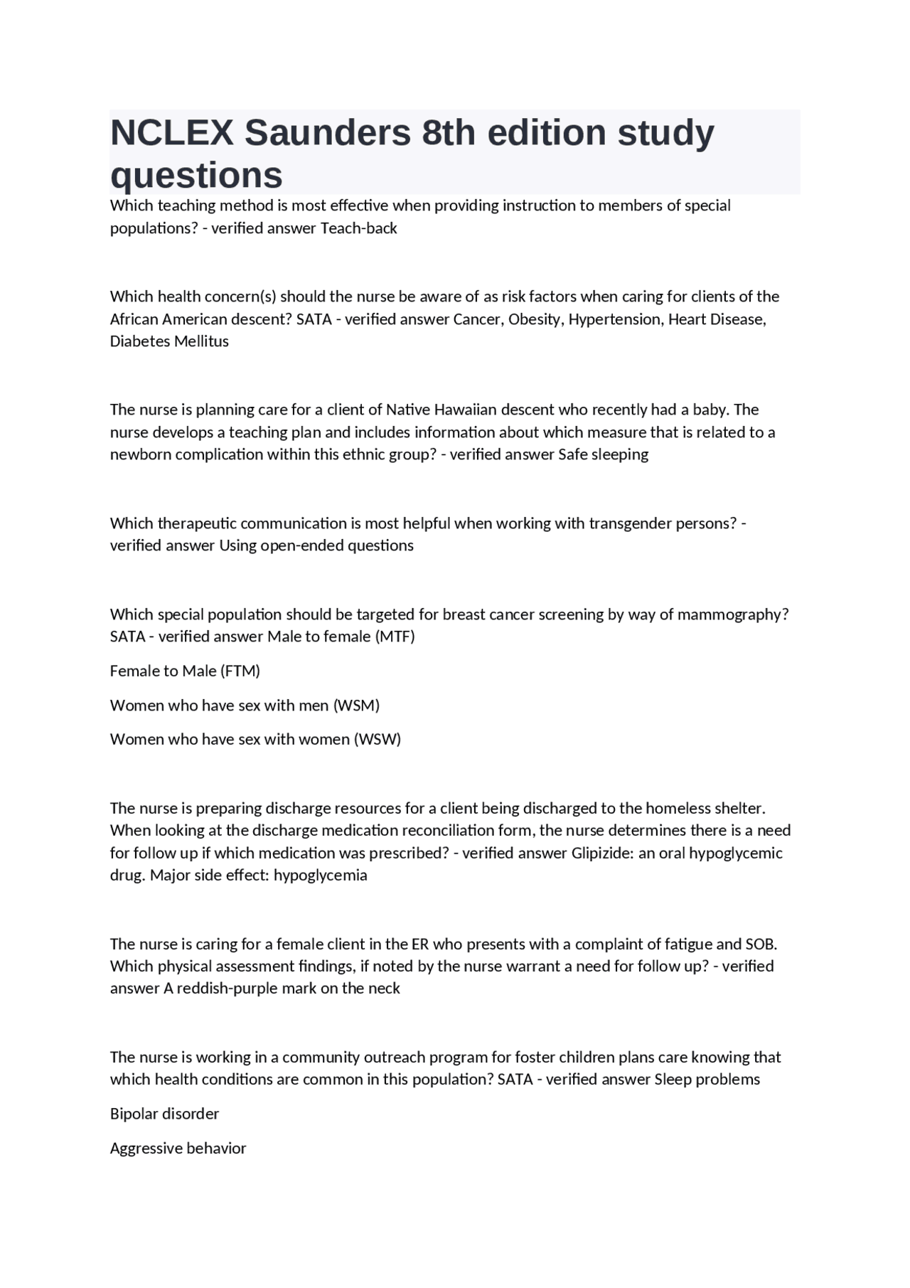 NCLEX Saunders 8th edition study questions | Exams Nursing | Docsity