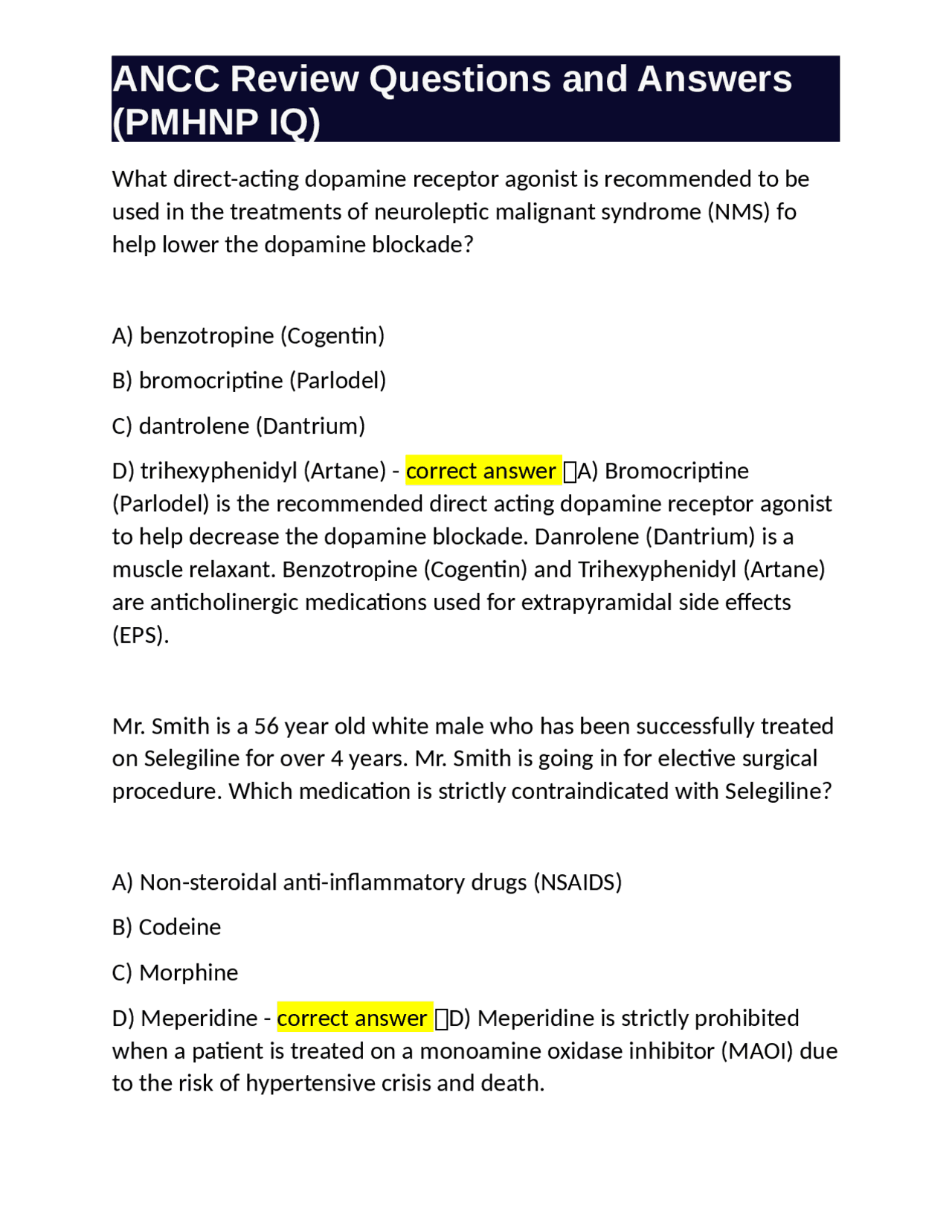 ANCC Review Questions and Answers (PMHNP IQ) | Exams Medicine | Docsity
