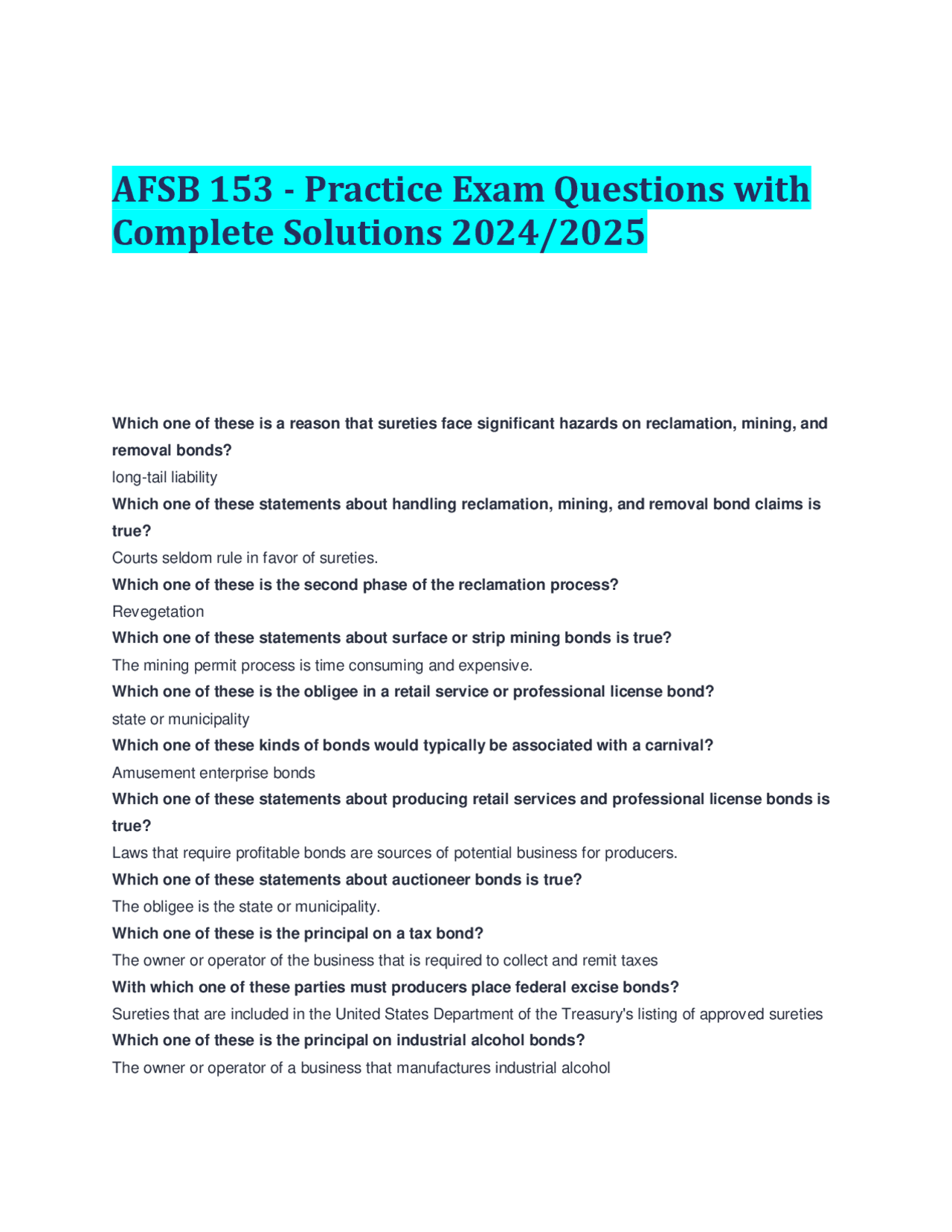 AFSB 153 - Practice Exam Questions with Complete Solutions 2024/2025 ...