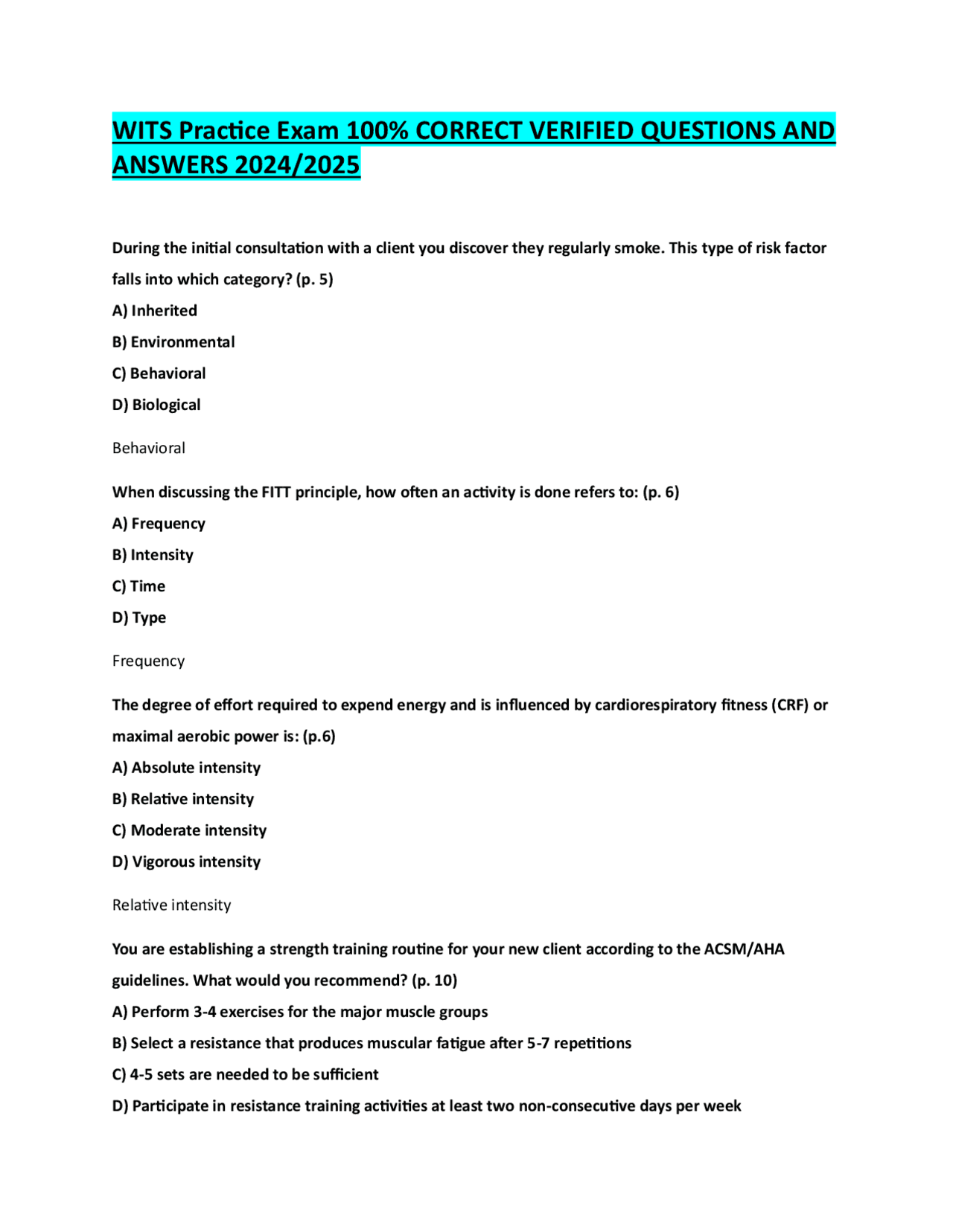 WITS Practice Exam 100% CORRECT VERIFIED QUESTIONS AND ANSWERS 2024/ ...