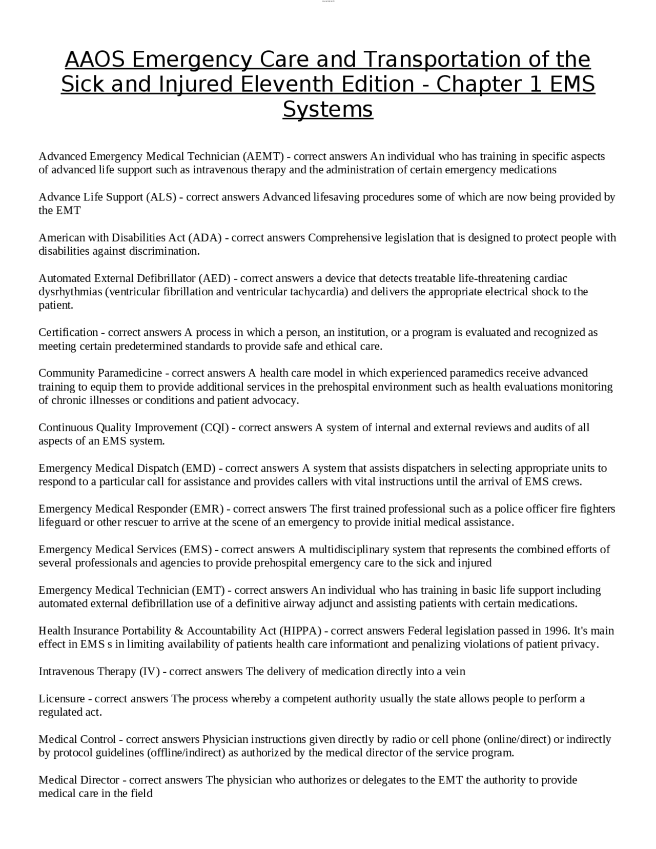 AAOS Emergency Care and Transportation of the Sick Detailed Questions ...