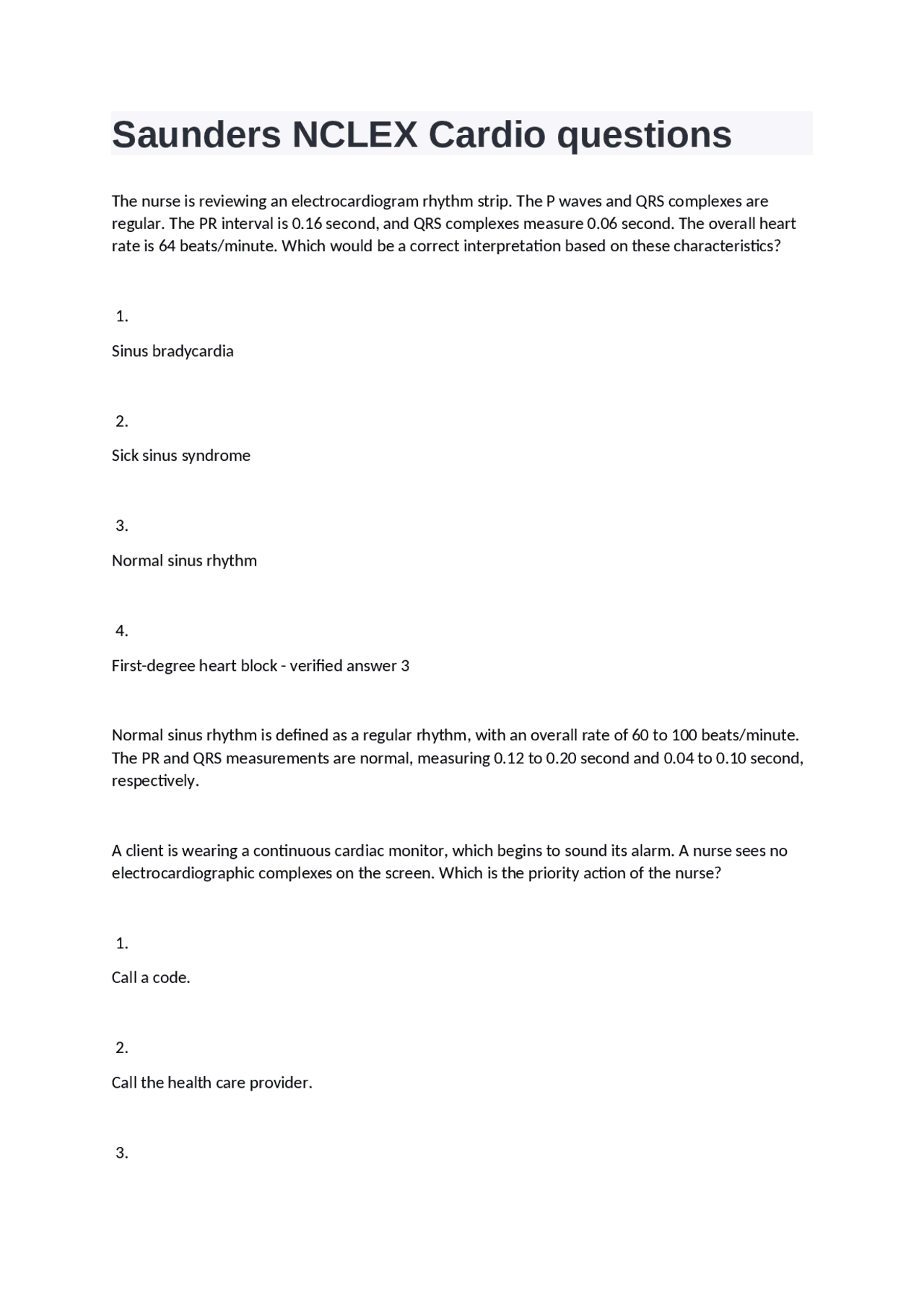 Saunders NCLEX Cardio questions | Exams Nursing | Docsity