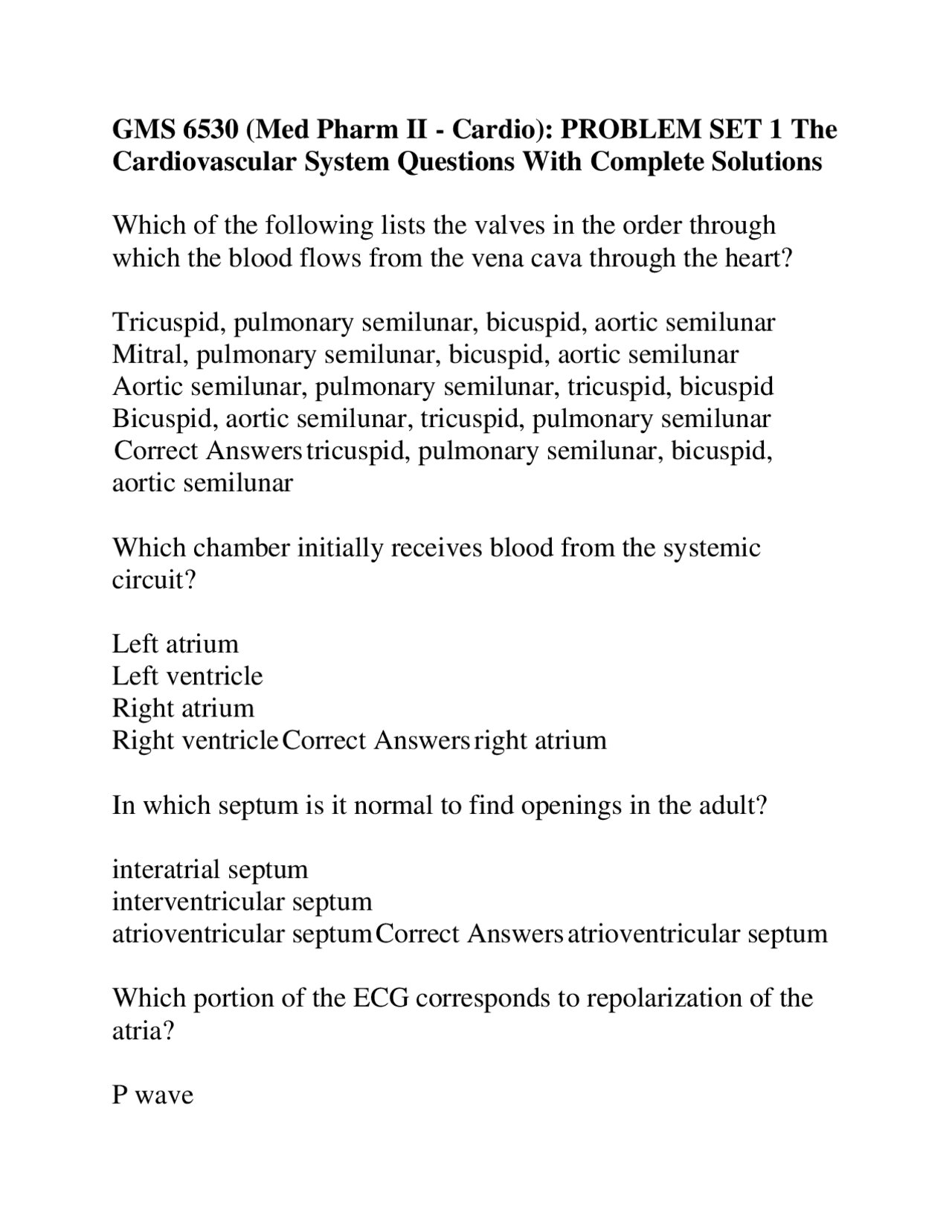 GMS 6530 (Med Pharm II - Cardio): PROBLEM SET 1 The Cardiovascular ...