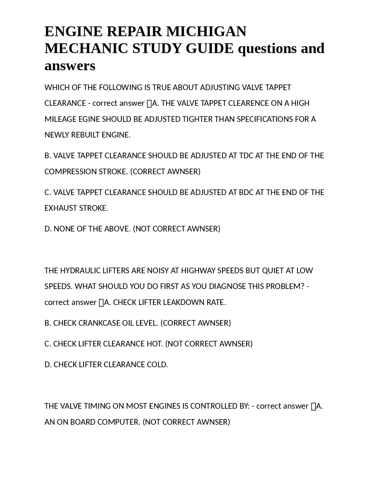 Engine Repair Michigan Mechanic Study Guide | Exams Nursing | Docsity