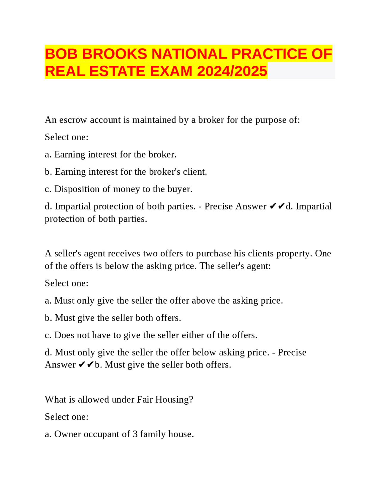 BOB BROOKS NATIONAL PRACTICE OF REAL ESTATE EXAM 2024/2025 | Exams ...