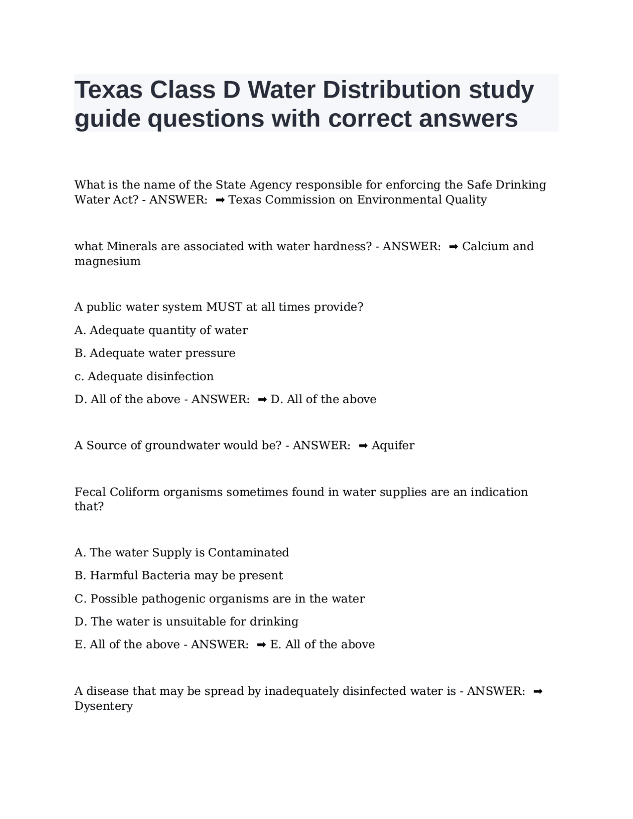 Texas Class D Water Distribution Study Guide | Exams Water Resources ...