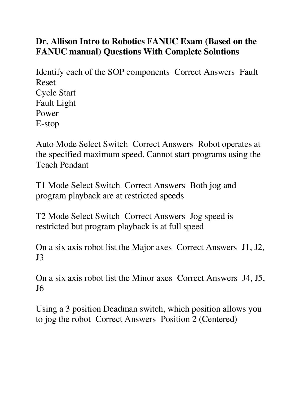 Intro to Robotics FANUC Exam Questions and Solutions | Exams Robotics | Docsity