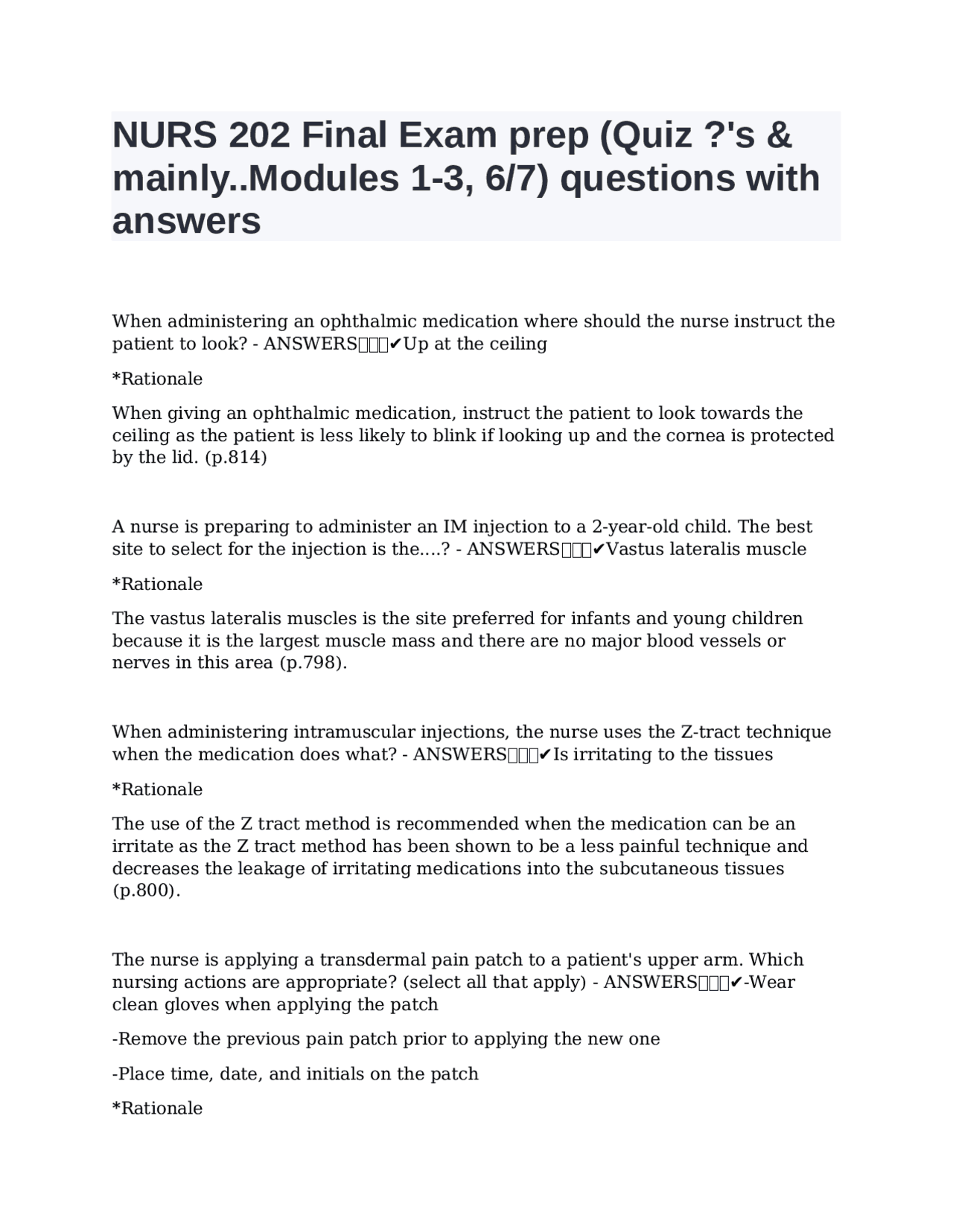 NURS 202 Final Exam prep (Quiz ?'s & mainly..Modules 1-3, 6/7) questions with answers | Exams ...