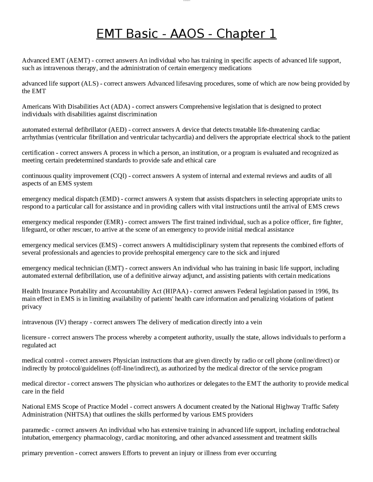 EMT Basic - AAOS - Chapter 1 Detailed Questions and Expert Answers ...