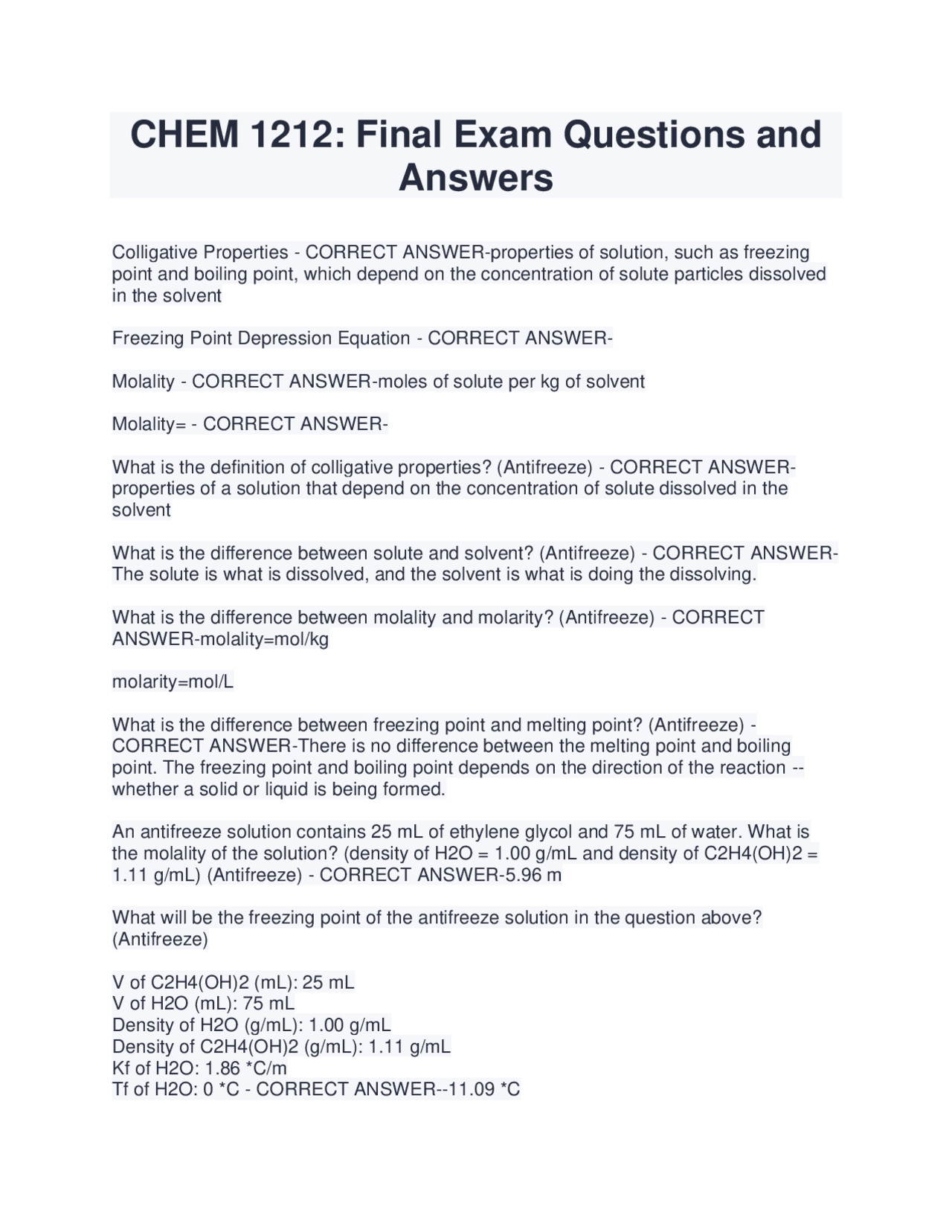 CHEM 1212: Final Exam Questions and Answers | Exams Chemistry | Docsity