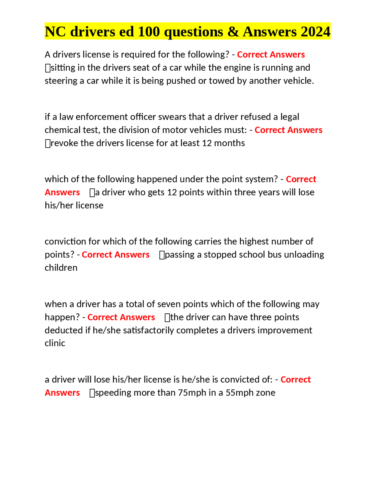 NC Drivers Ed 100 Questions & Answers 2024 | Exams Nursing | Docsity