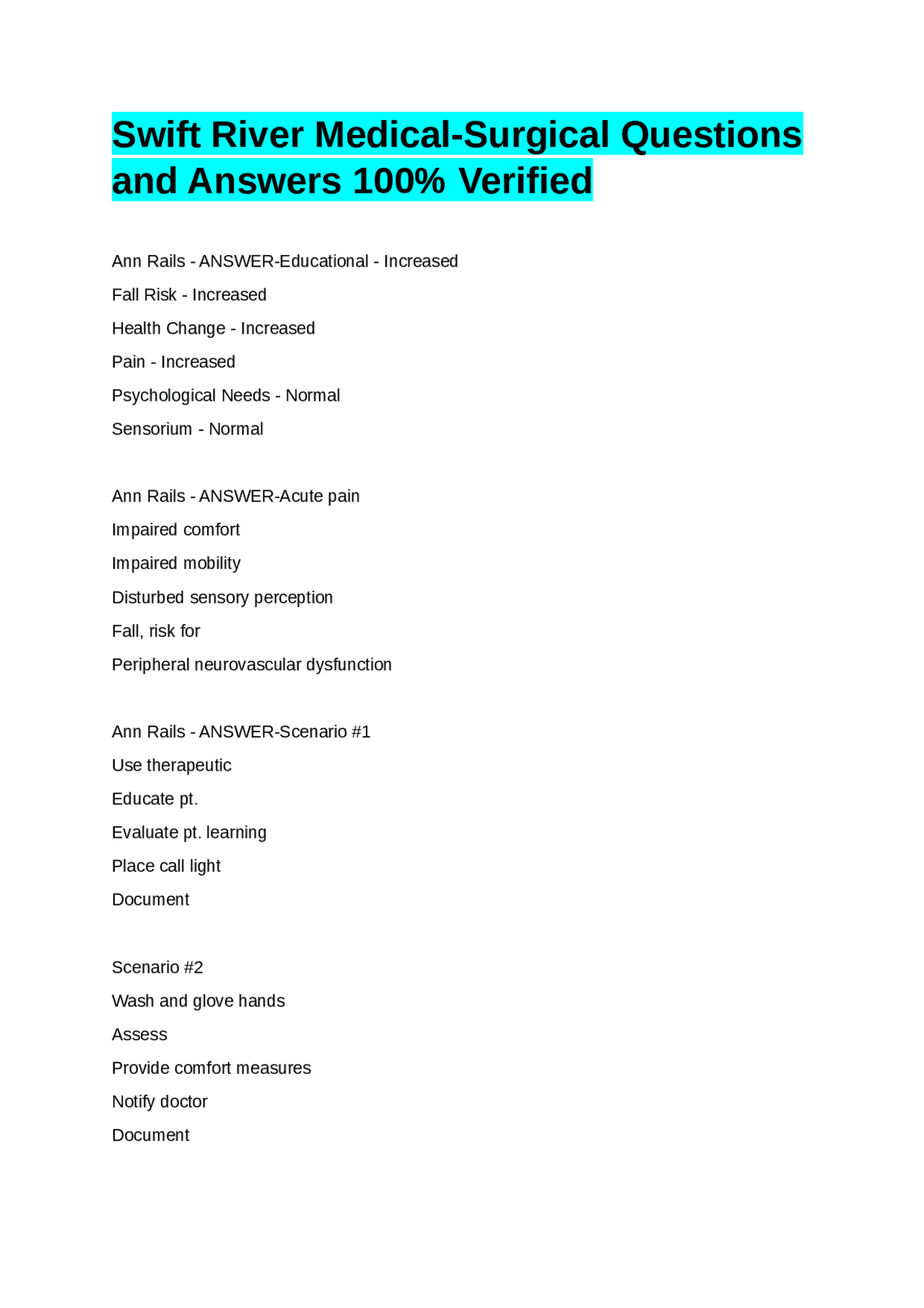 Swift River Medical-Surgical Questions and Answers 100% Verified ...