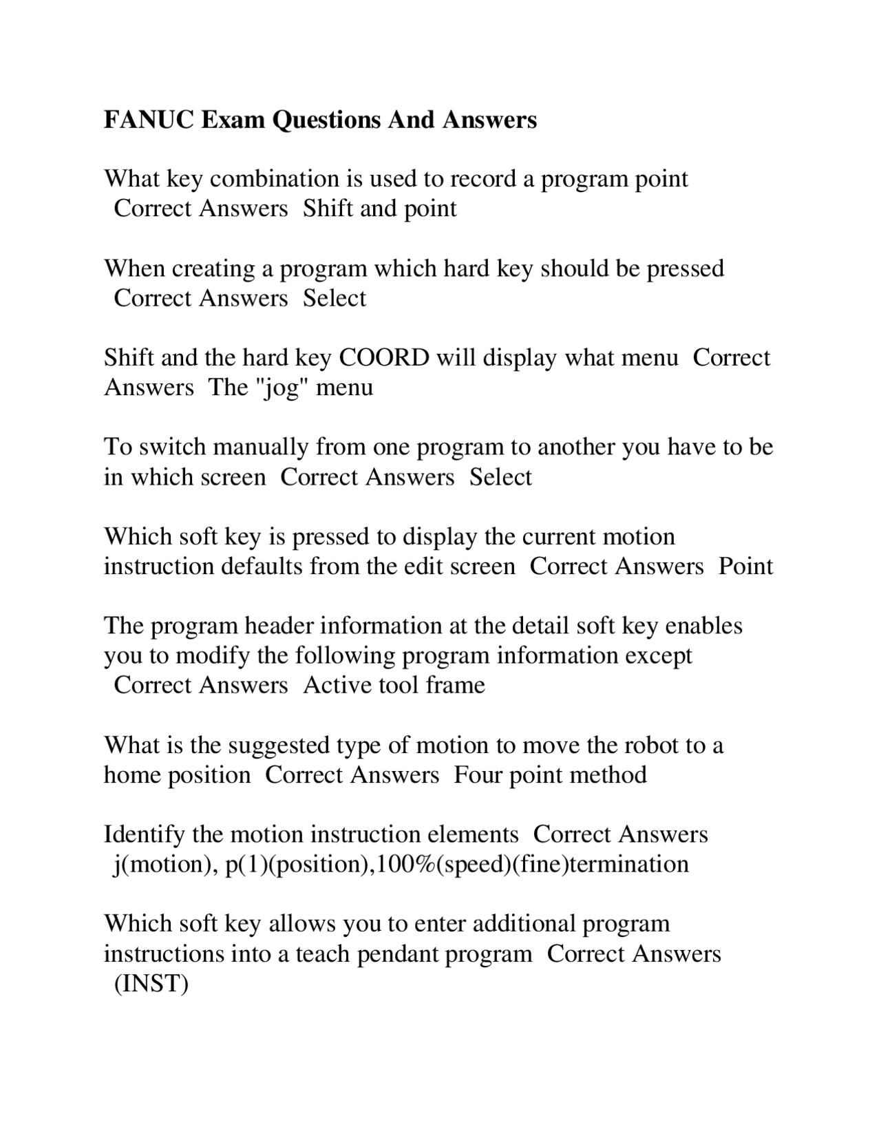 FANUC Exam Questions And Answers | Exams Robotics | Docsity